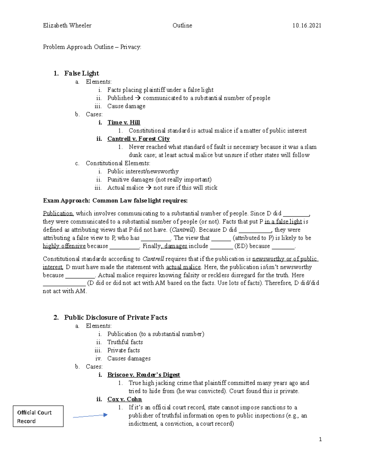 Torts Privacy Exam Outline: Key Concepts and Case Summaries - Studocu