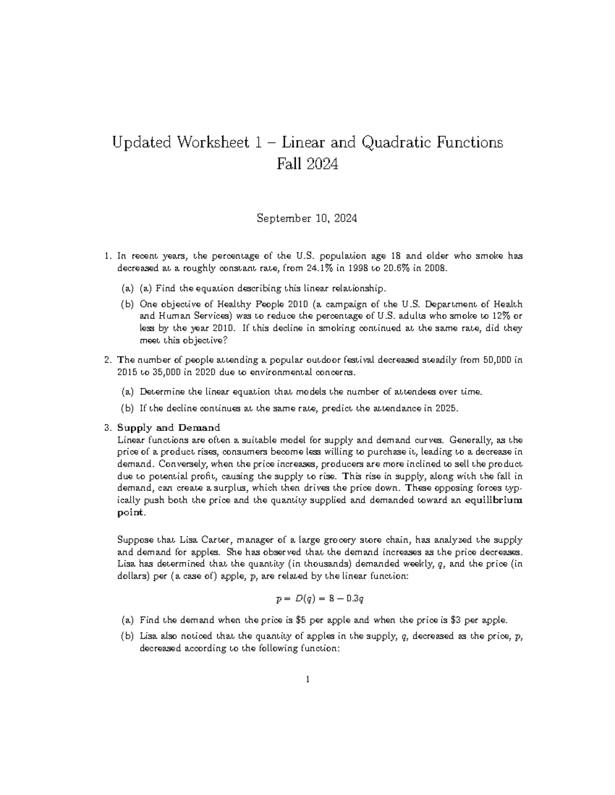 Worksheet 1: Linear & Quadratic Functions MATH122 - Lecture Notes - Studocu