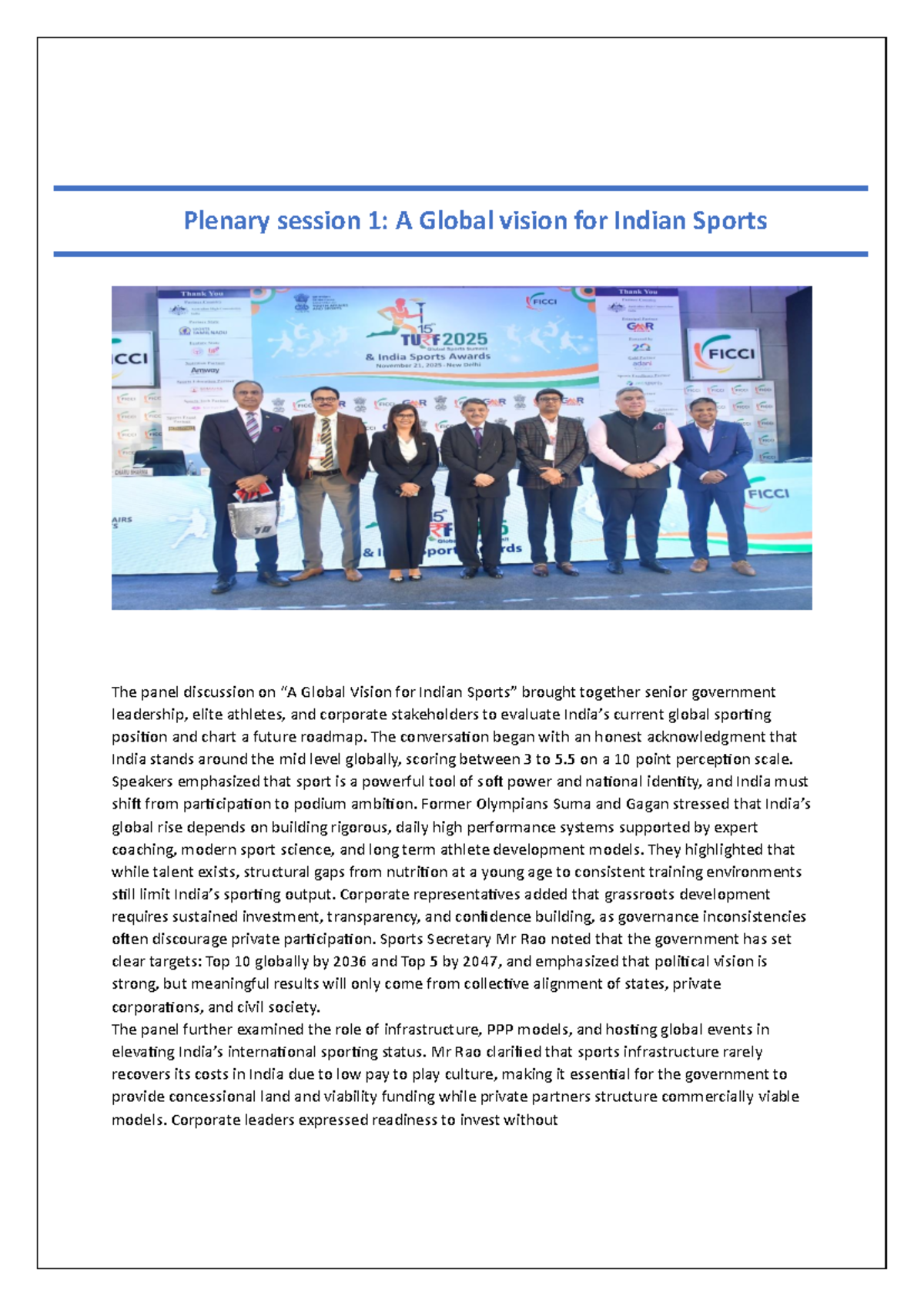 Plenary Session 1: Global Vision for Indian Sports Development - Studocu