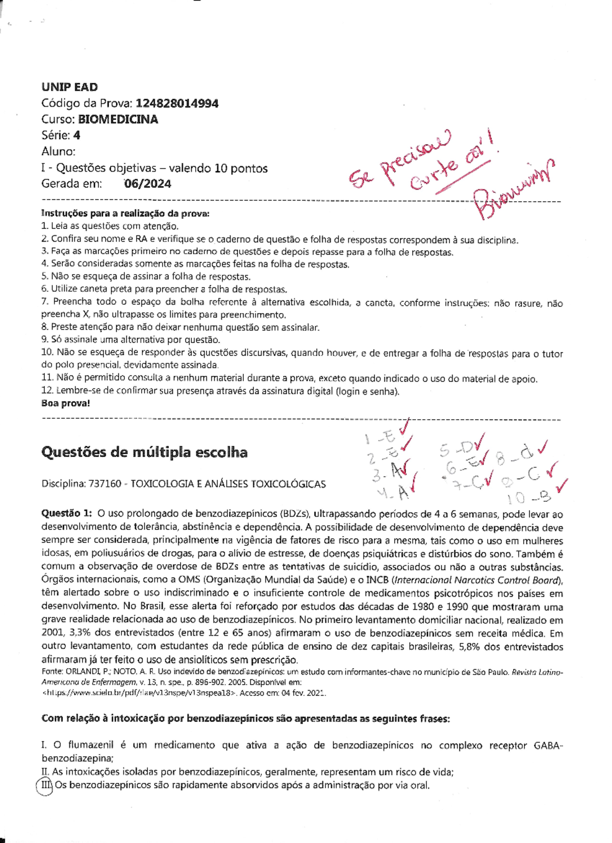 Prova de Toxicologia AN TOX C GAB 1 - 2024: Questões e Orientações ...