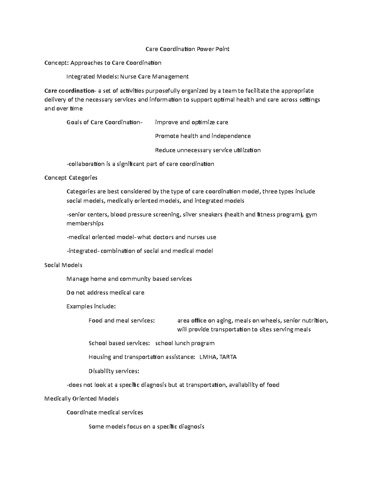 Care Coordination Models: Understanding Approaches and Goals - Studocu