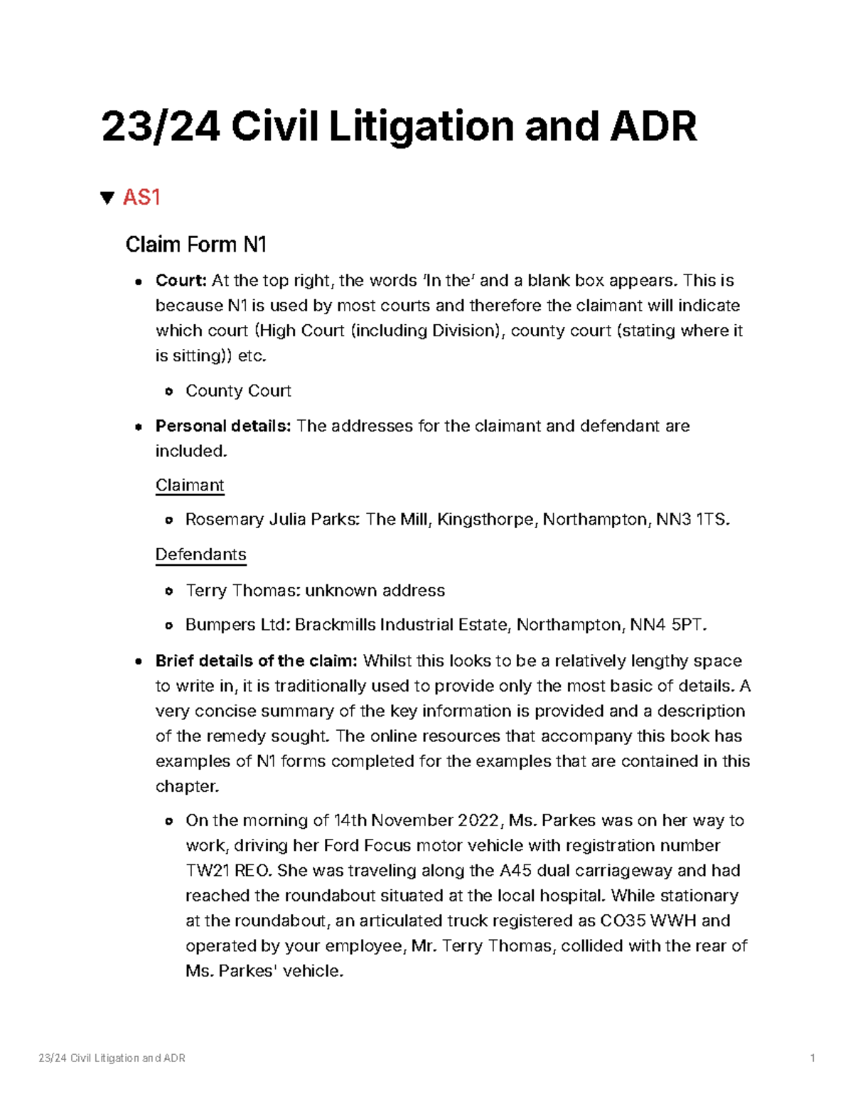 Civil Litigation and ADR AS1: Comprehensive Notes on Claim Form N1 ...