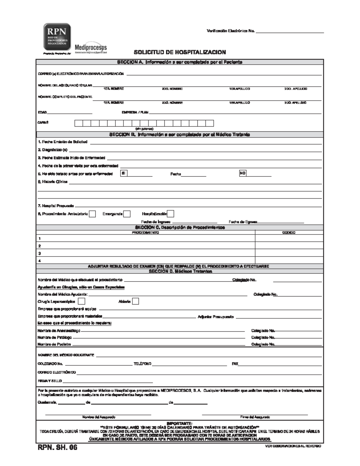 Formulario RPN Hospitalización - Solicitud y Procedimientos Médicos ...