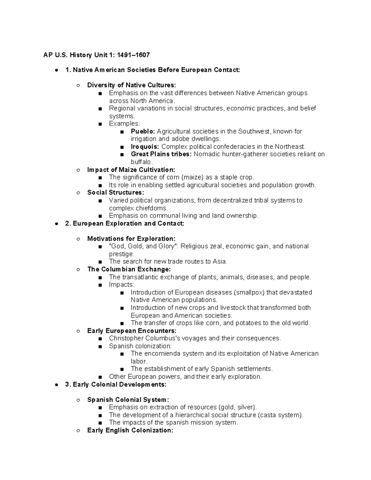 AP U. History Unit 1: Native Societies & Early European Contact Notes ...