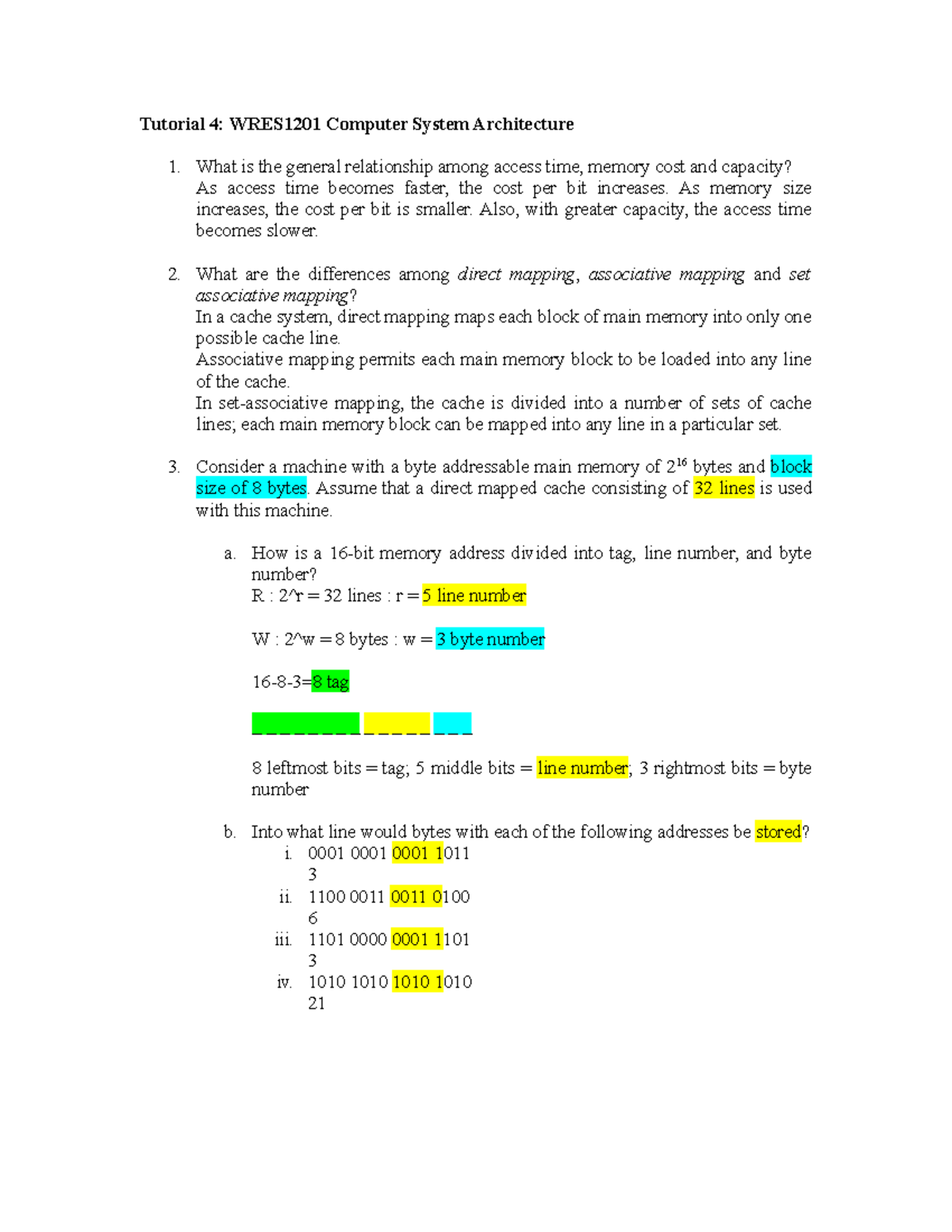 U2000 531-WIA1003-T4 - Answers for Tutorial 4 on Computer Architecture ...