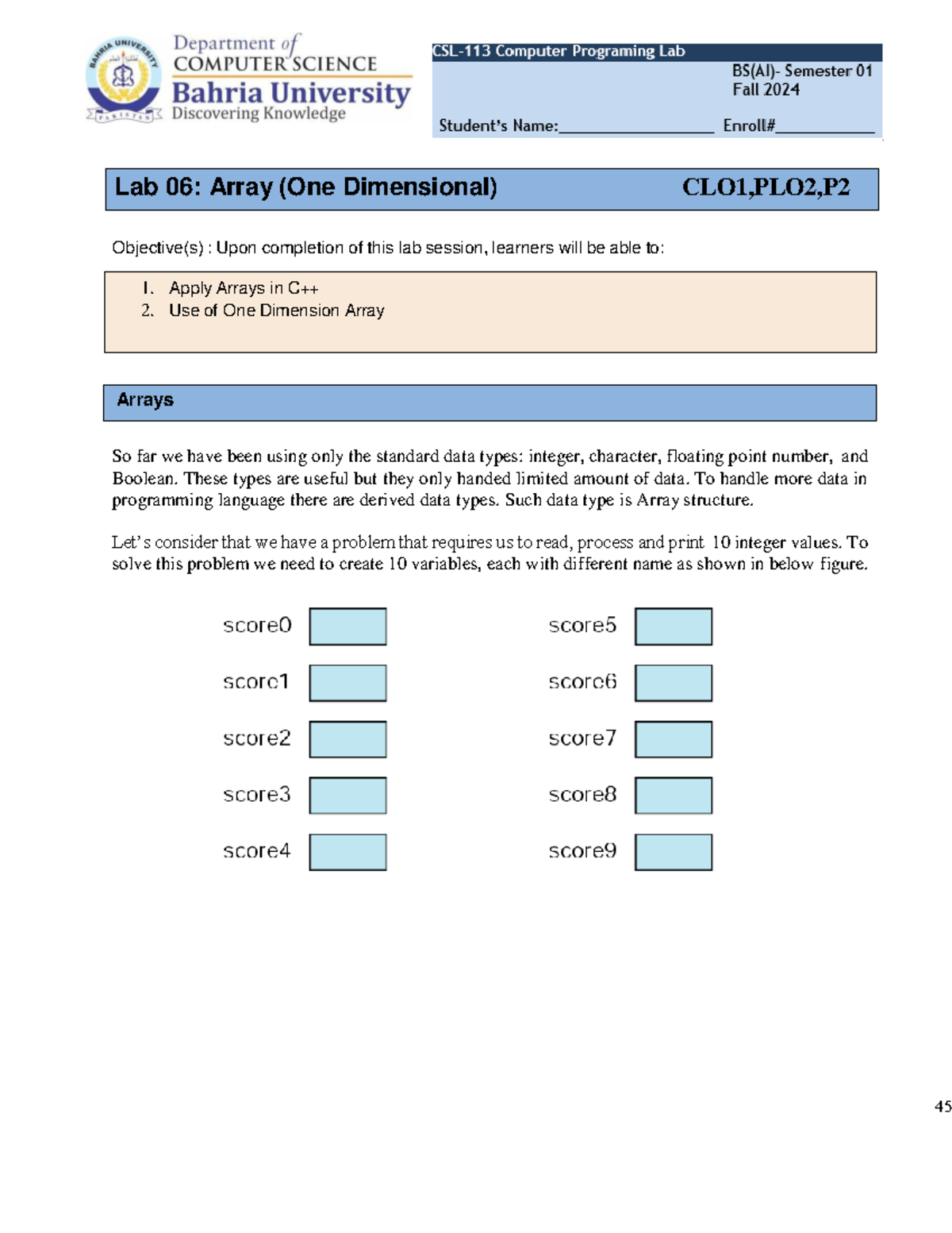 Lab 06: One Dimensional Arrays - CLO1, PLO2, P2 - Studocu