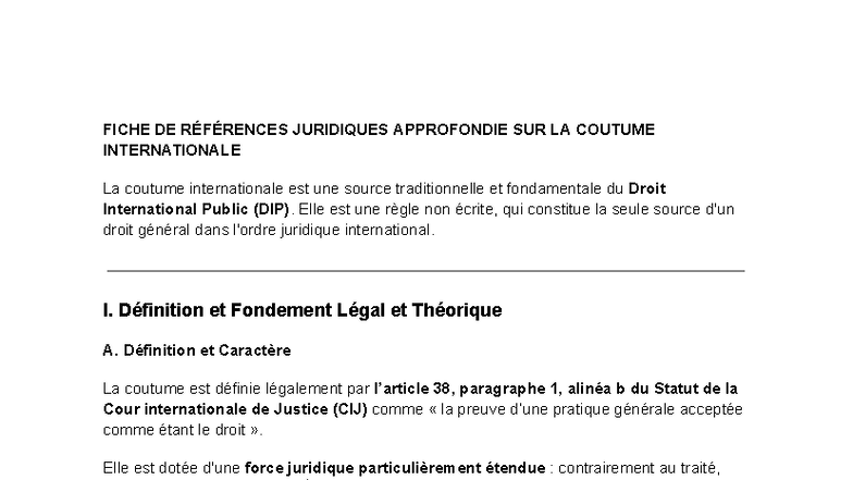 FICHE DE RÉFÉRENCES JURIDIQUES SUR LA COUTUME INTERNATIONALE - Studocu