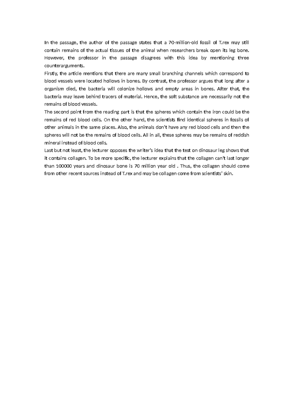 Passage 1 Analysis: T.rex Fossil Debate and Counterarguments - Studocu