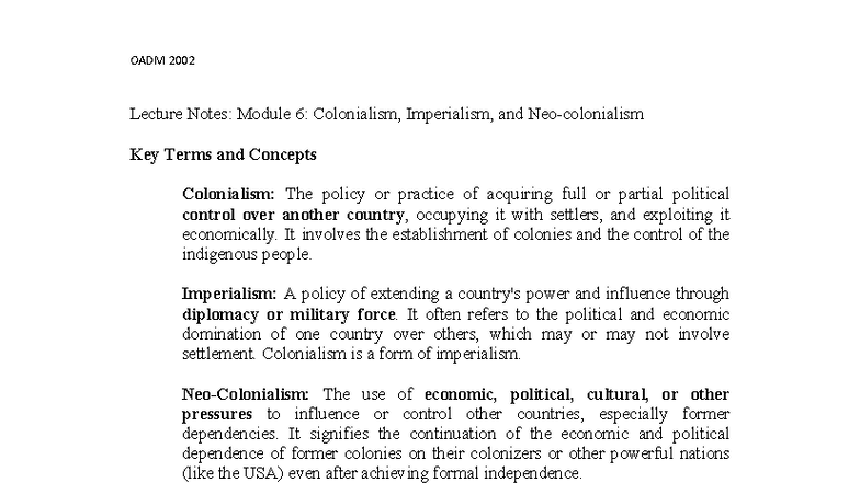 OADM 2002 Lecture Notes: Module 6 on Colonialism and Imperialism - Studocu