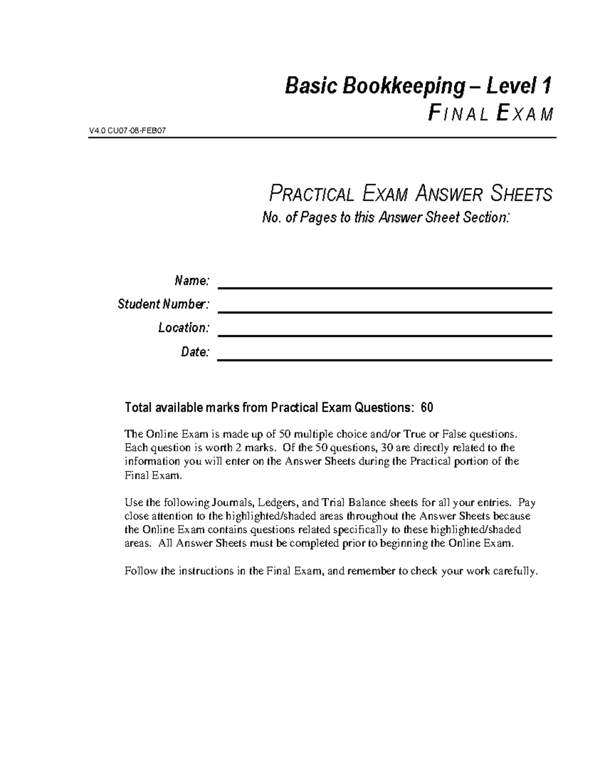 Basic Bookkeeping Level 1 - Final Exam Breakdown & Answer Sheets - Studocu