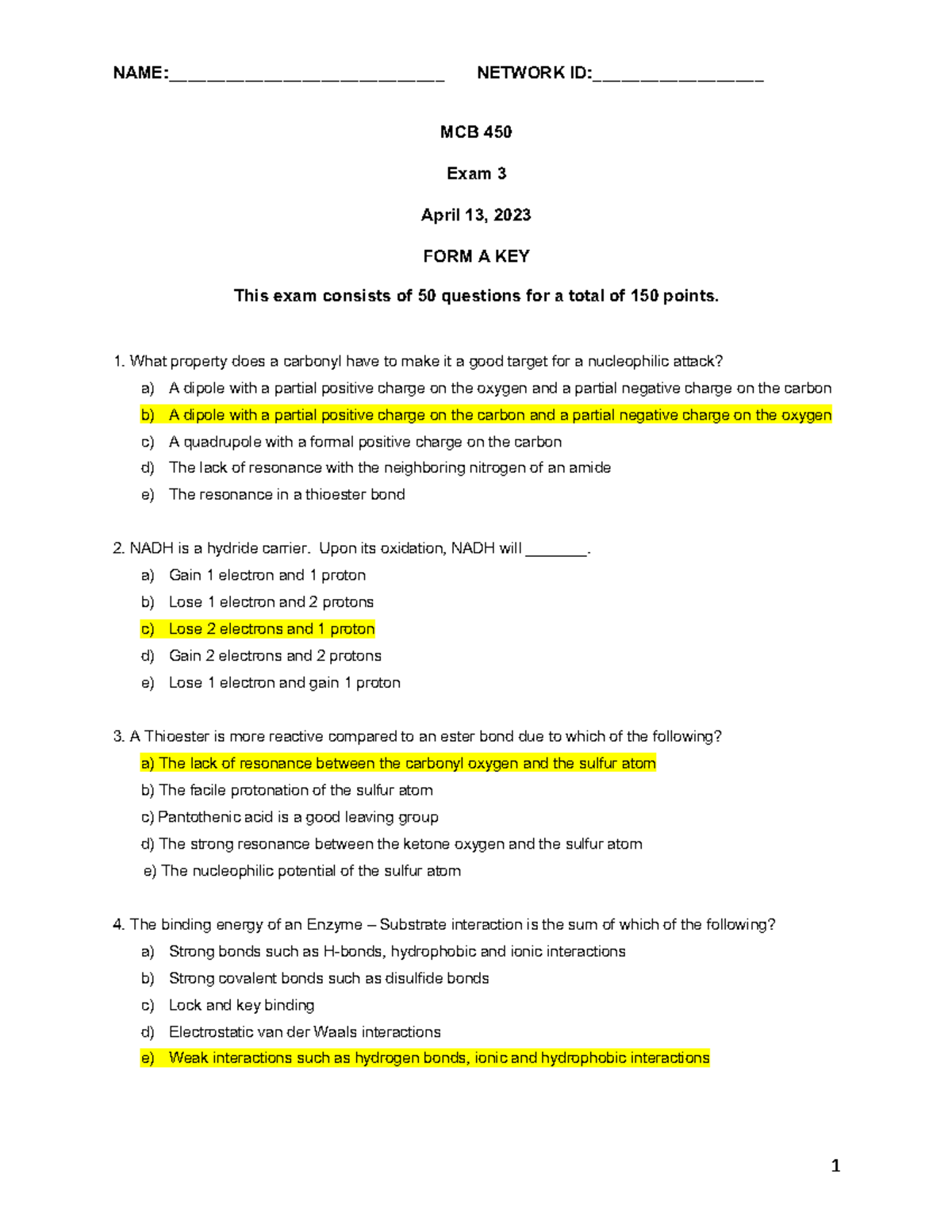 MCB 450 Exam 3 - FORM A Key Solutions and Answers - Studocu