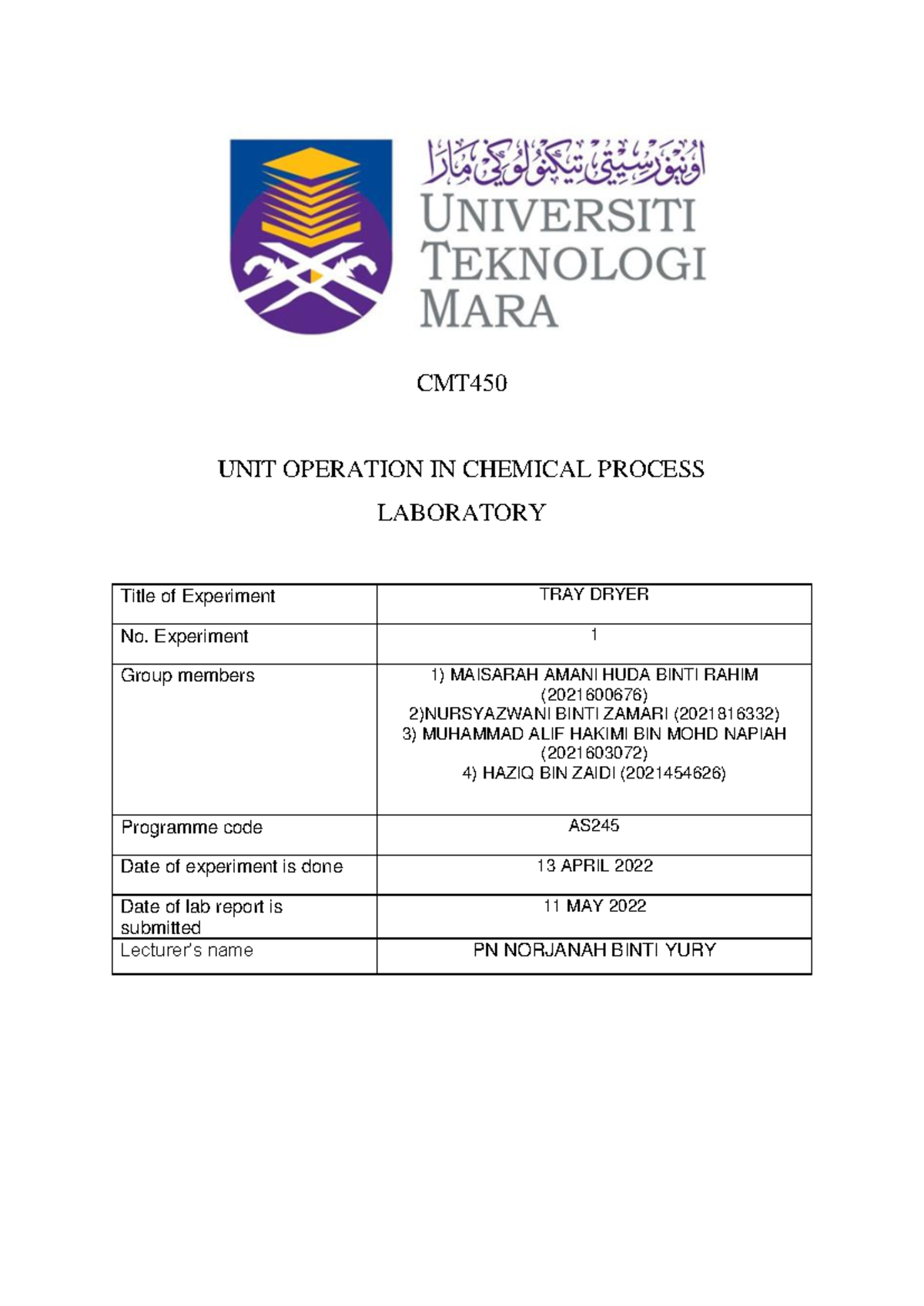 Lab Report CMT450 (TRAY Dryer) - CMT UNIT OPERATION IN CHEMICAL PROCESS ...