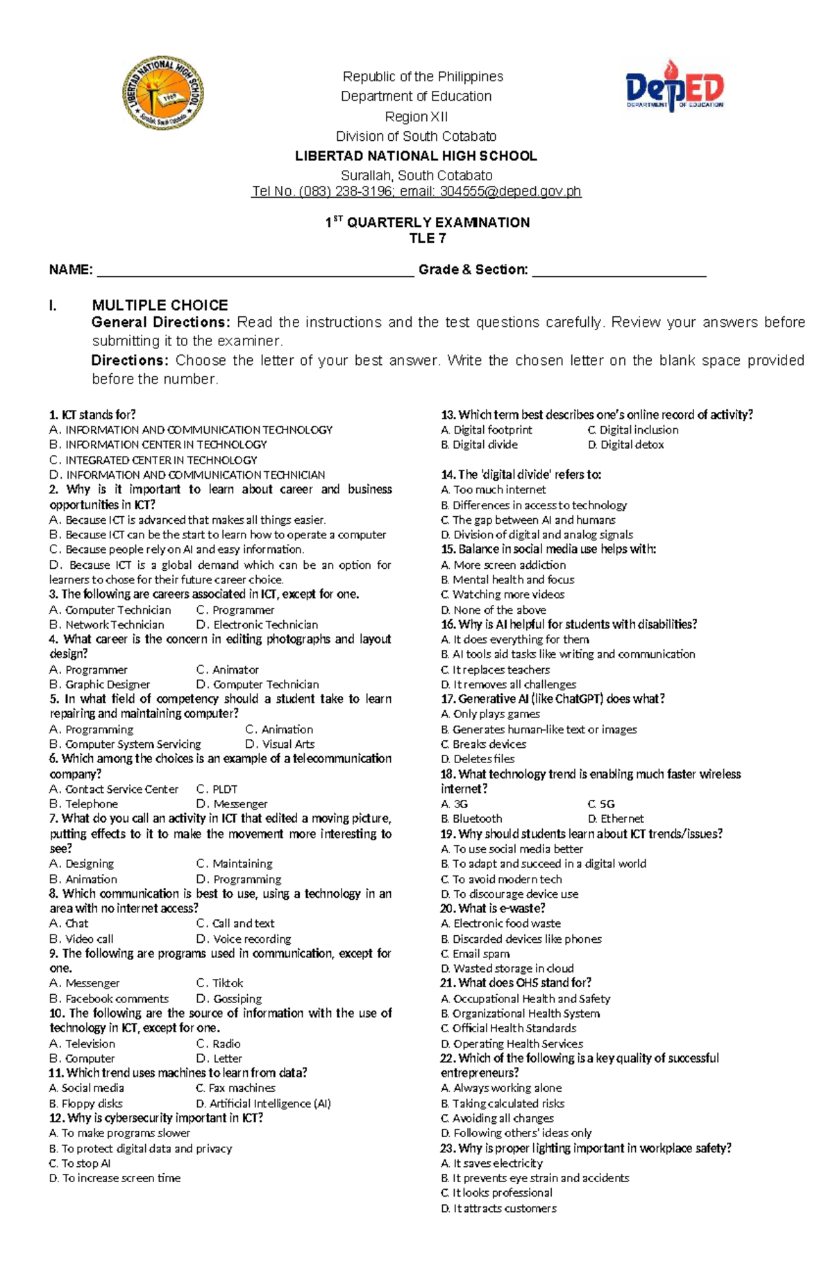 1st Quarter Exam for TLE 7: ICT and Career Opportunities - Studocu