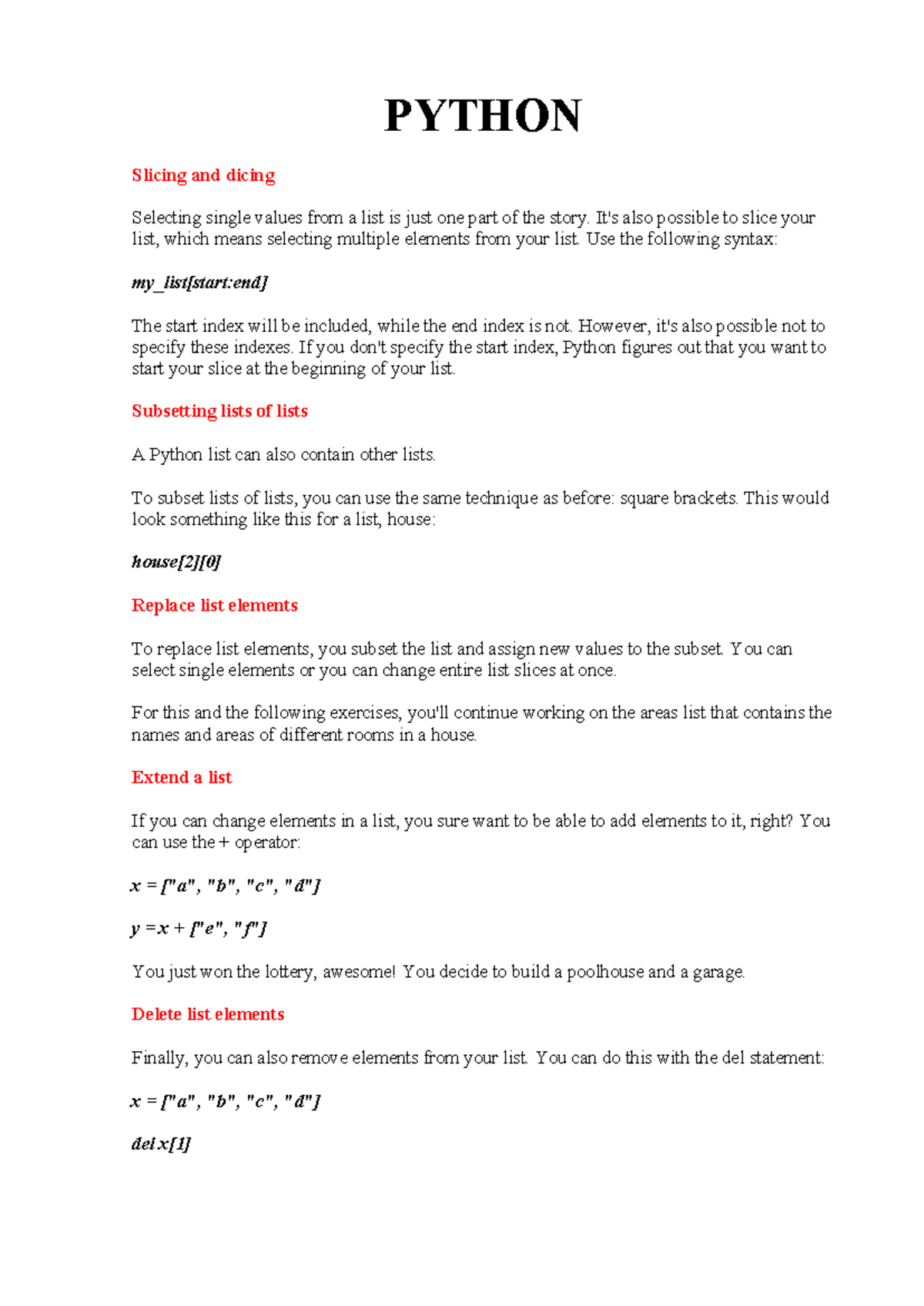 Python Lists: Slicing, Dicing, and Modifying Elements (PYTHON) - Studocu