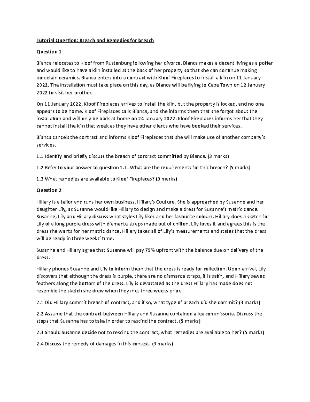 Tutorial Q: Breach & Remedies for Contracts - Legal Analysis - Studocu