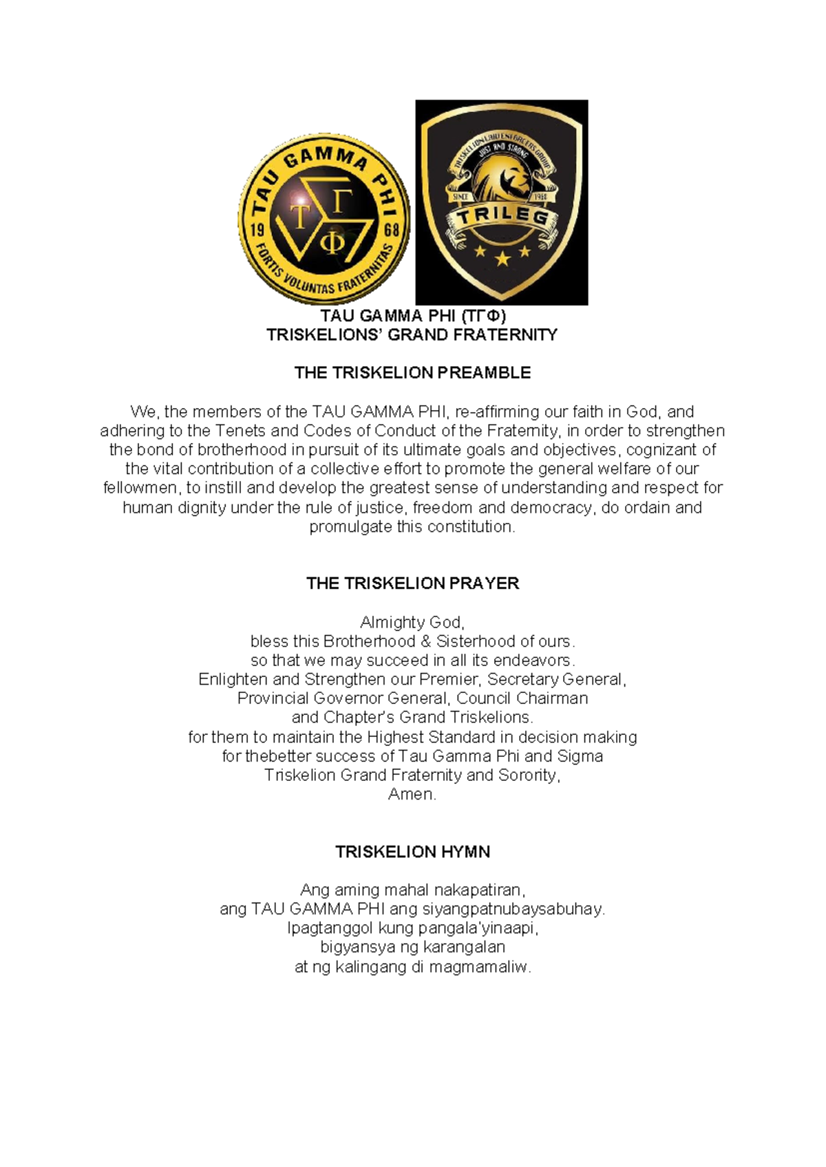 Tenets and Code of Conduct of Tau Gamma Phi (TGP) Fraternity - Studocu