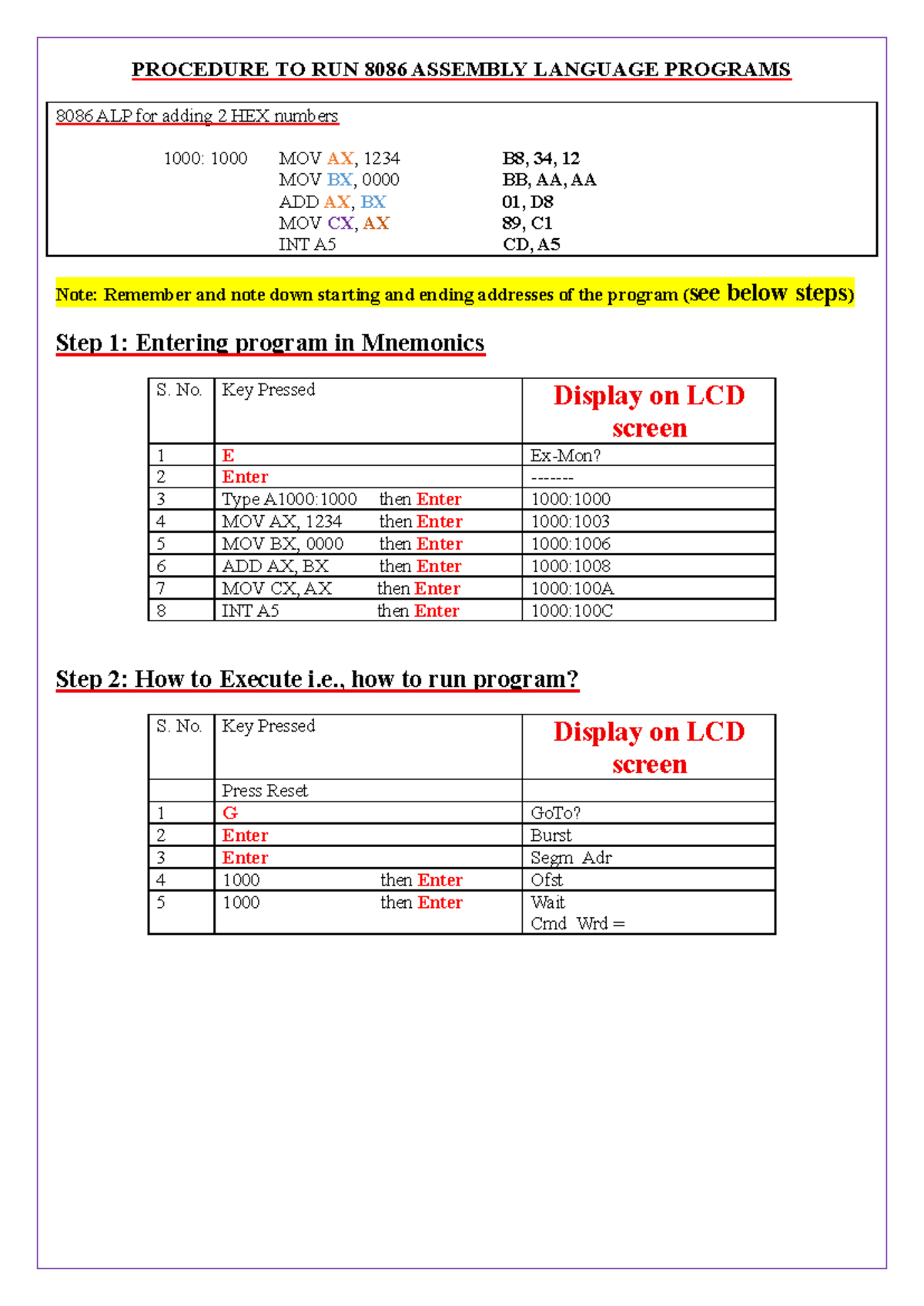 Running 8086 Assembly Language Programs: Adding 2 HEX Numbers - Studocu