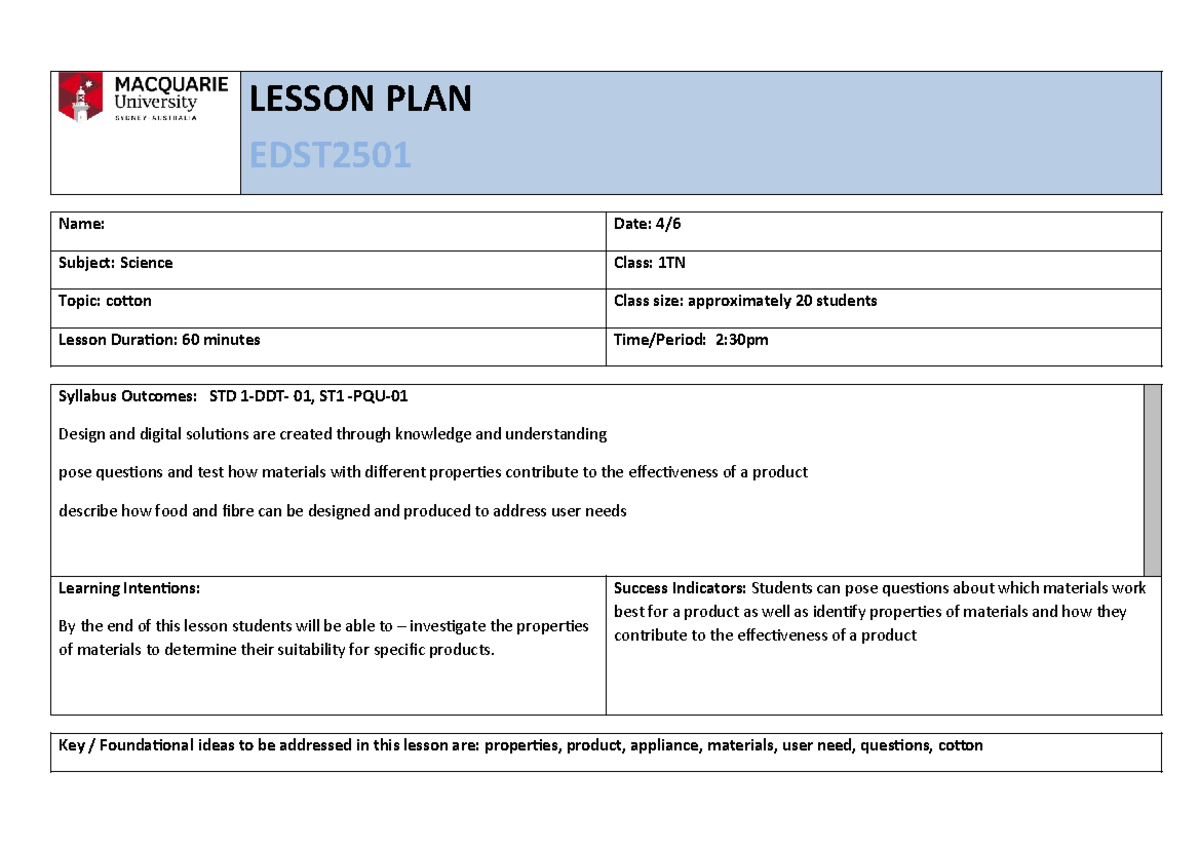 Science Lesson Plan EDST2501: Exploring Cotton Properties - Studocu