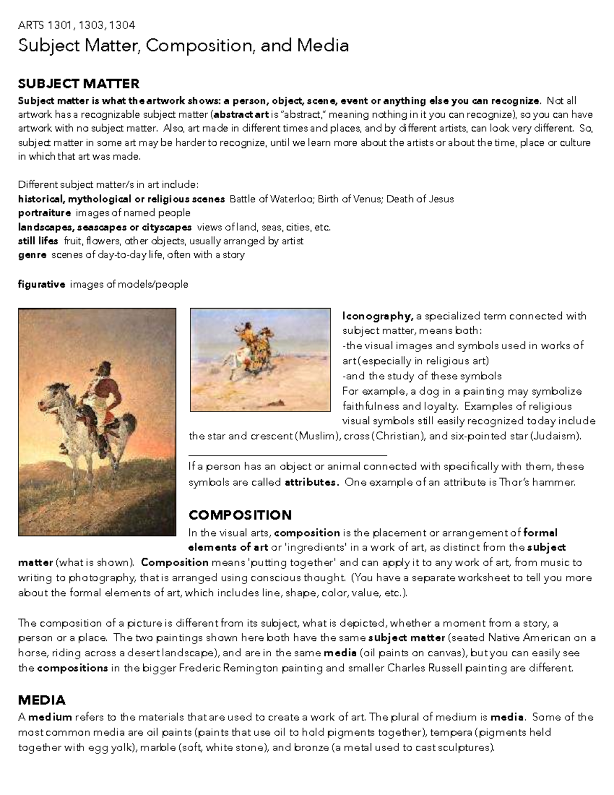 Subject Matter, Composition, and Media Overview (ARTS 1301, 1303, 1304 ...