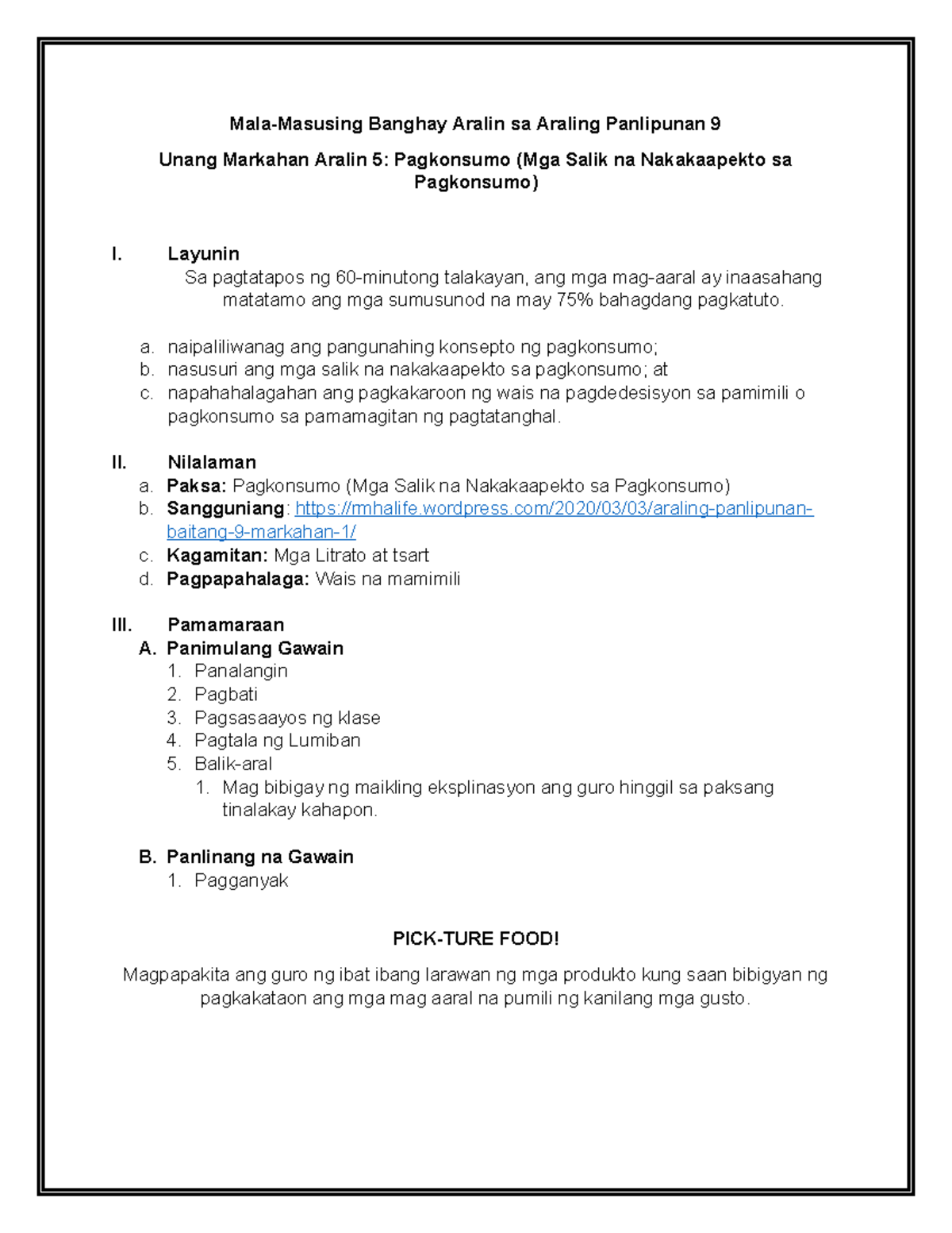 LP- Pagkonsumo 1 - Lesson Plan: Salik na Nakakaapekto sa Pagkonsumo ...
