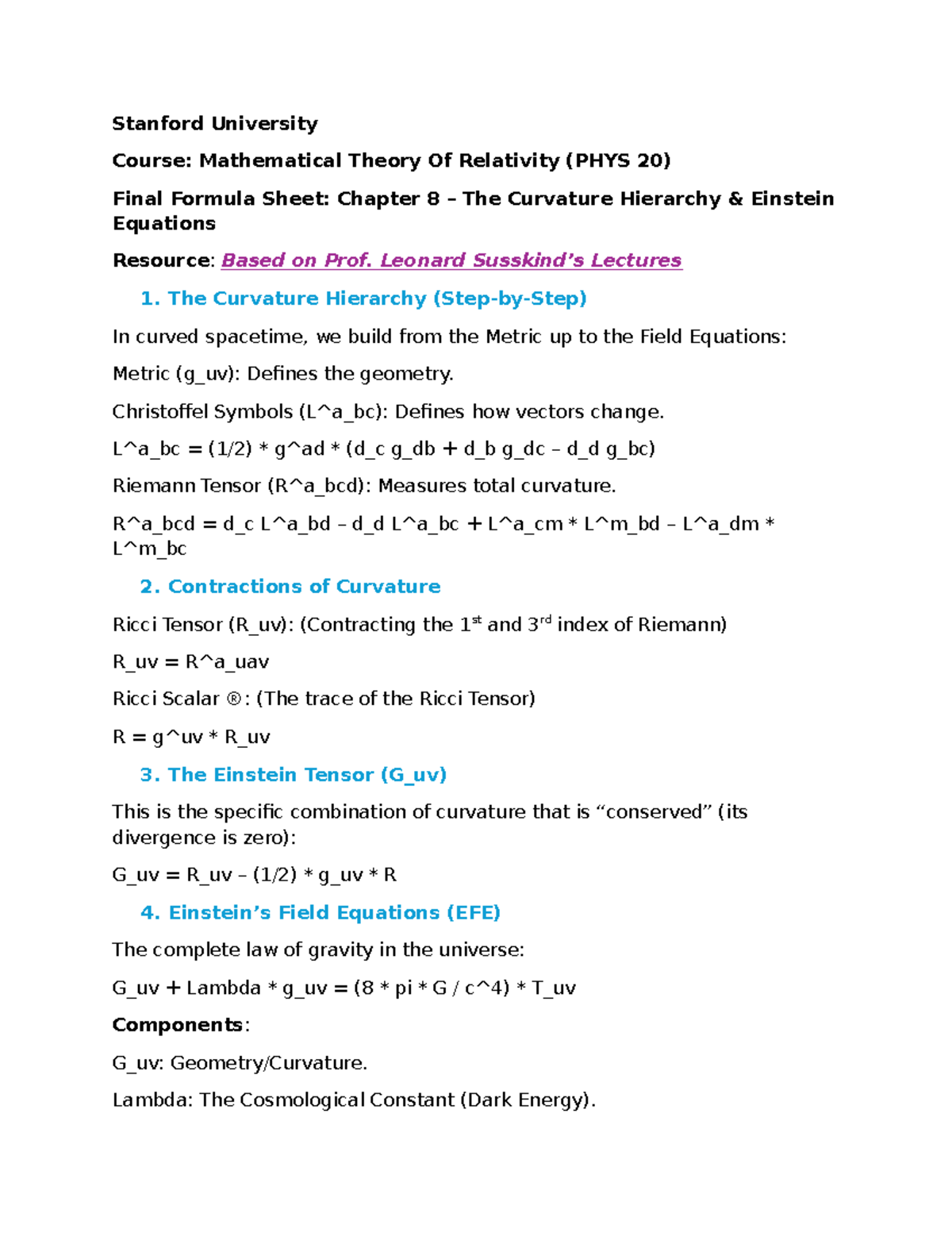 PHYS 20 Final Formula Sheet: Ch 8 Curvature & Einstein Equations - Studocu