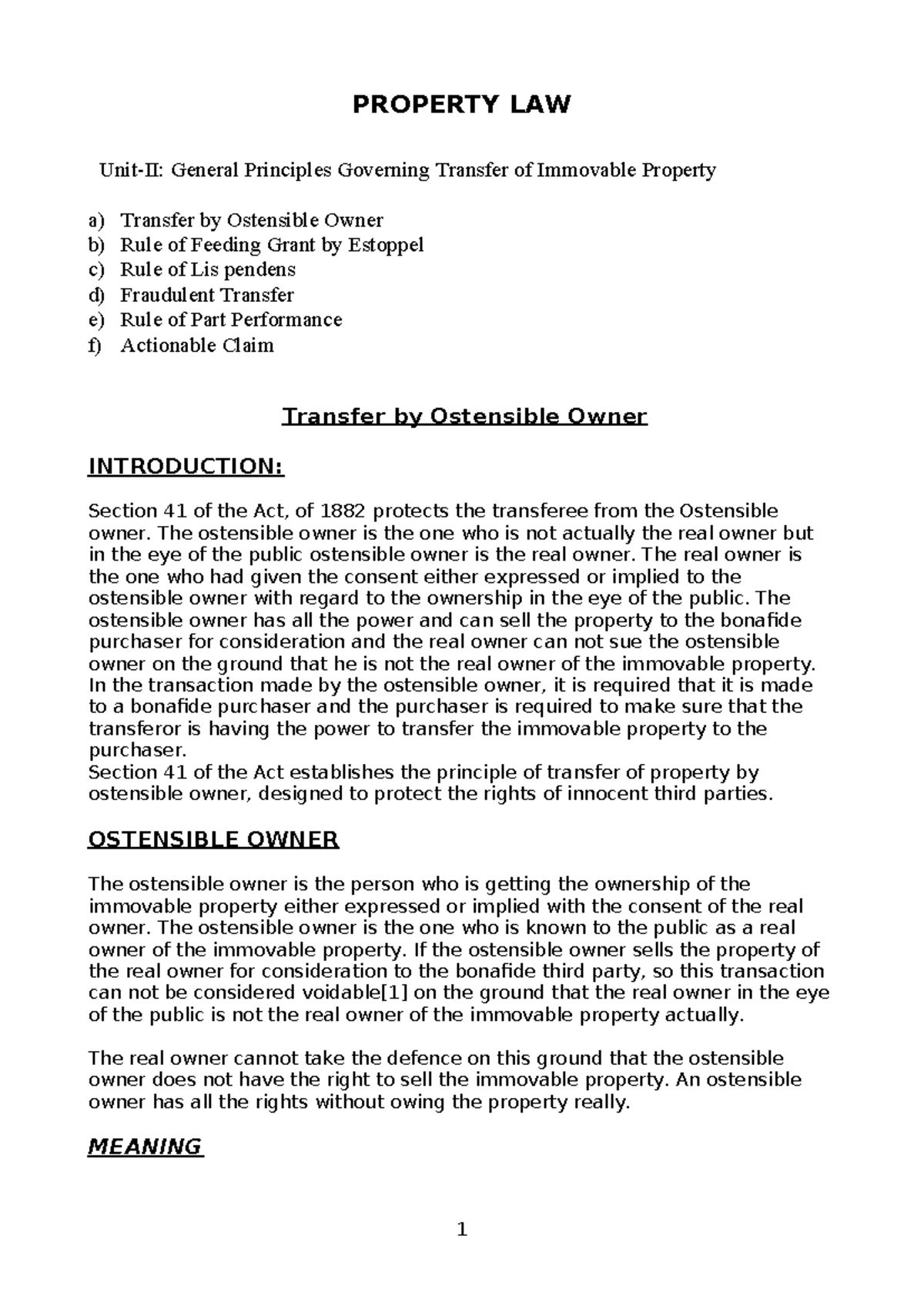 Property Law - Unit 2: Key Principles of Immovable Property Transfers ...
