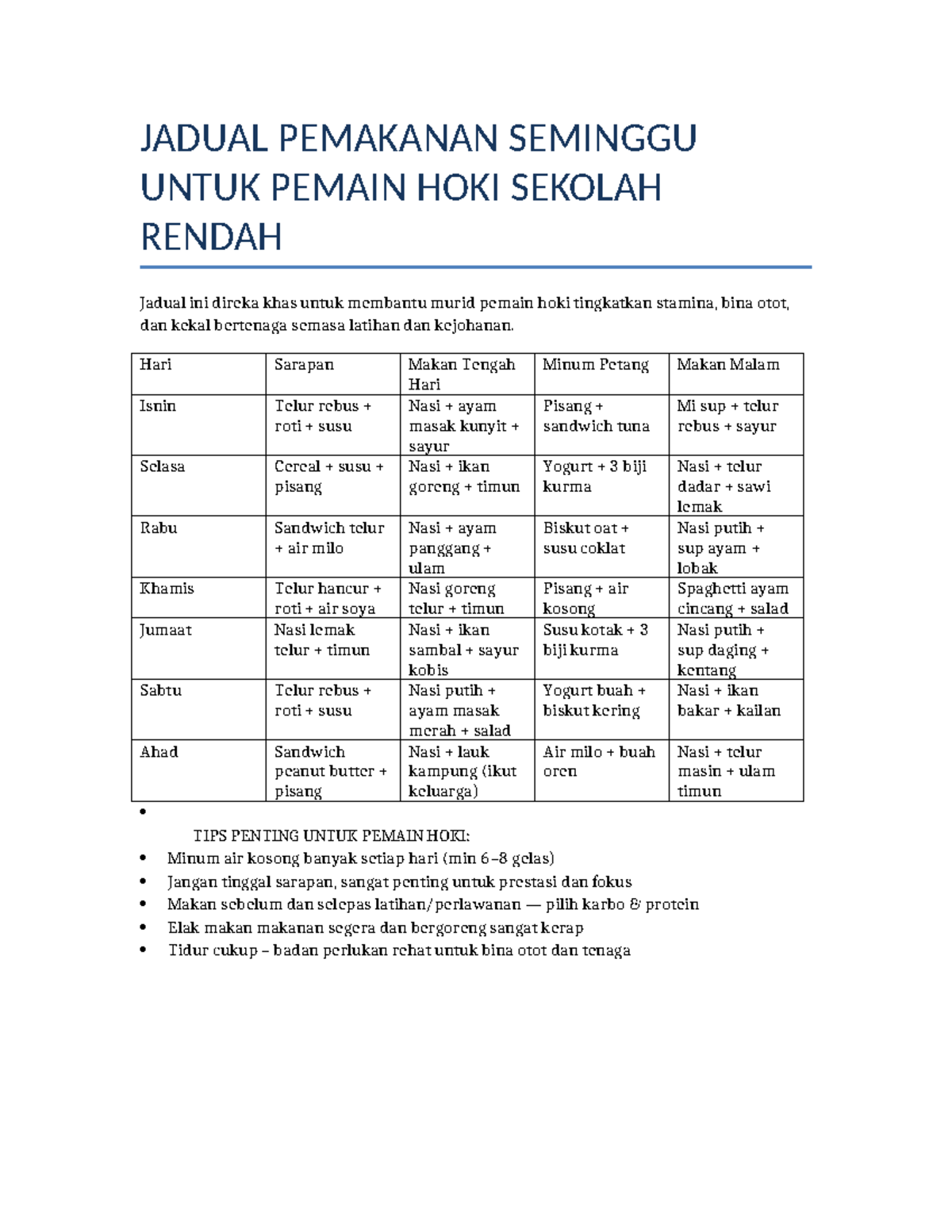 Jadual Pemakanan Pemain Hoki Sekolah Rendah untuk Stamina dan Tenaga ...