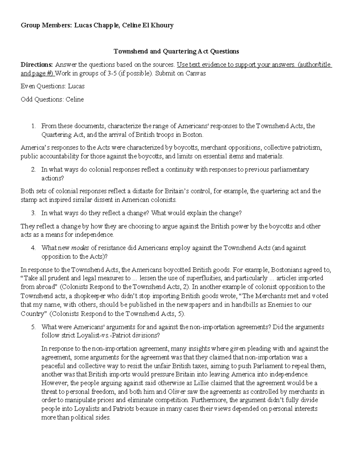 Townshend and Quartering Acts Analysis Questions - Group Study Guide ...