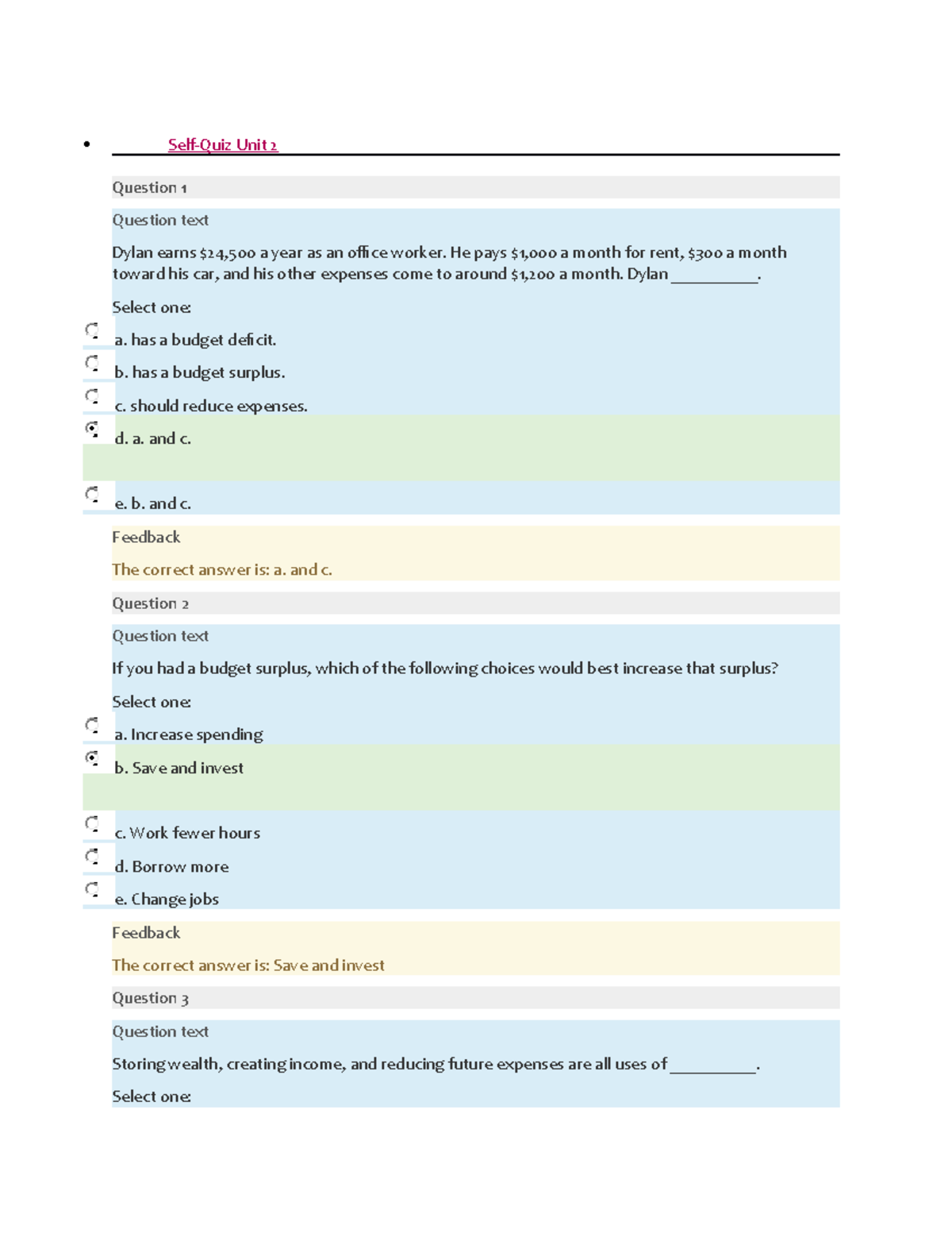 Self-Quiz Unit 2 - Financial Literacy Questions - Studocu