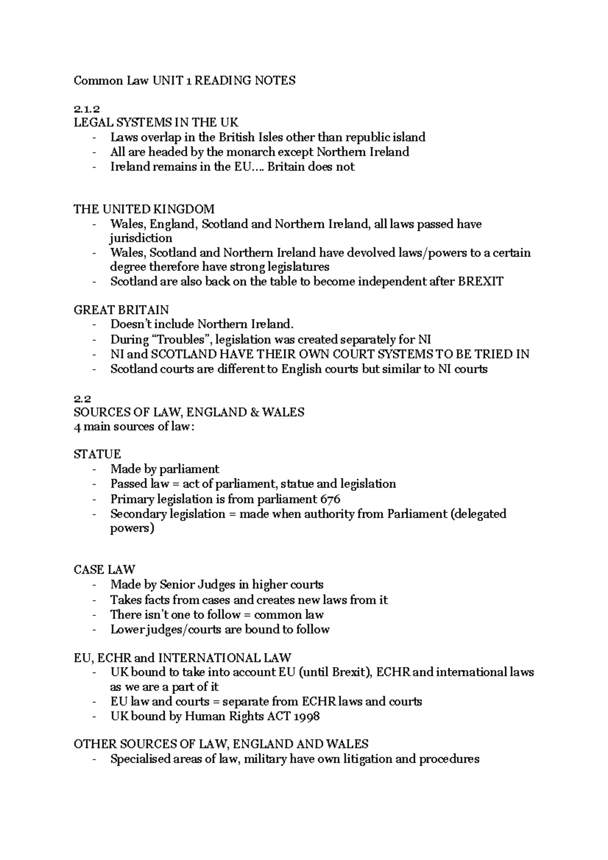 Common LAW UNIT 1 Reading Notes - Common Law UNIT 1 READING NOTES LEGAL ...