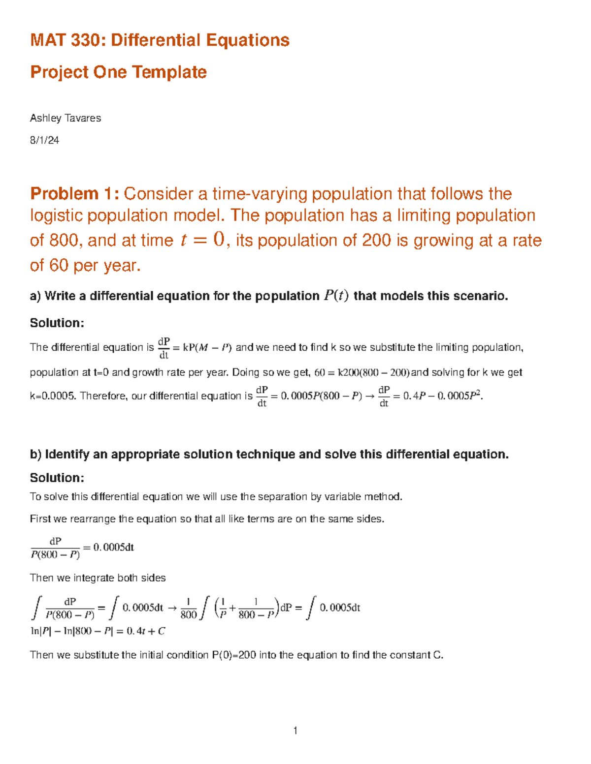 MAT330 Project One: Differential Equations Analysis and Solutions - Studocu