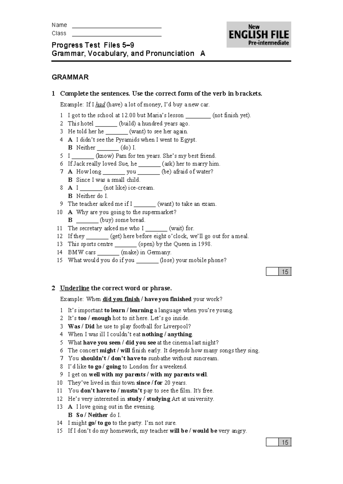 Nef Pre-Intermediate Progress Test 5-9: Grammar, Vocabulary ...
