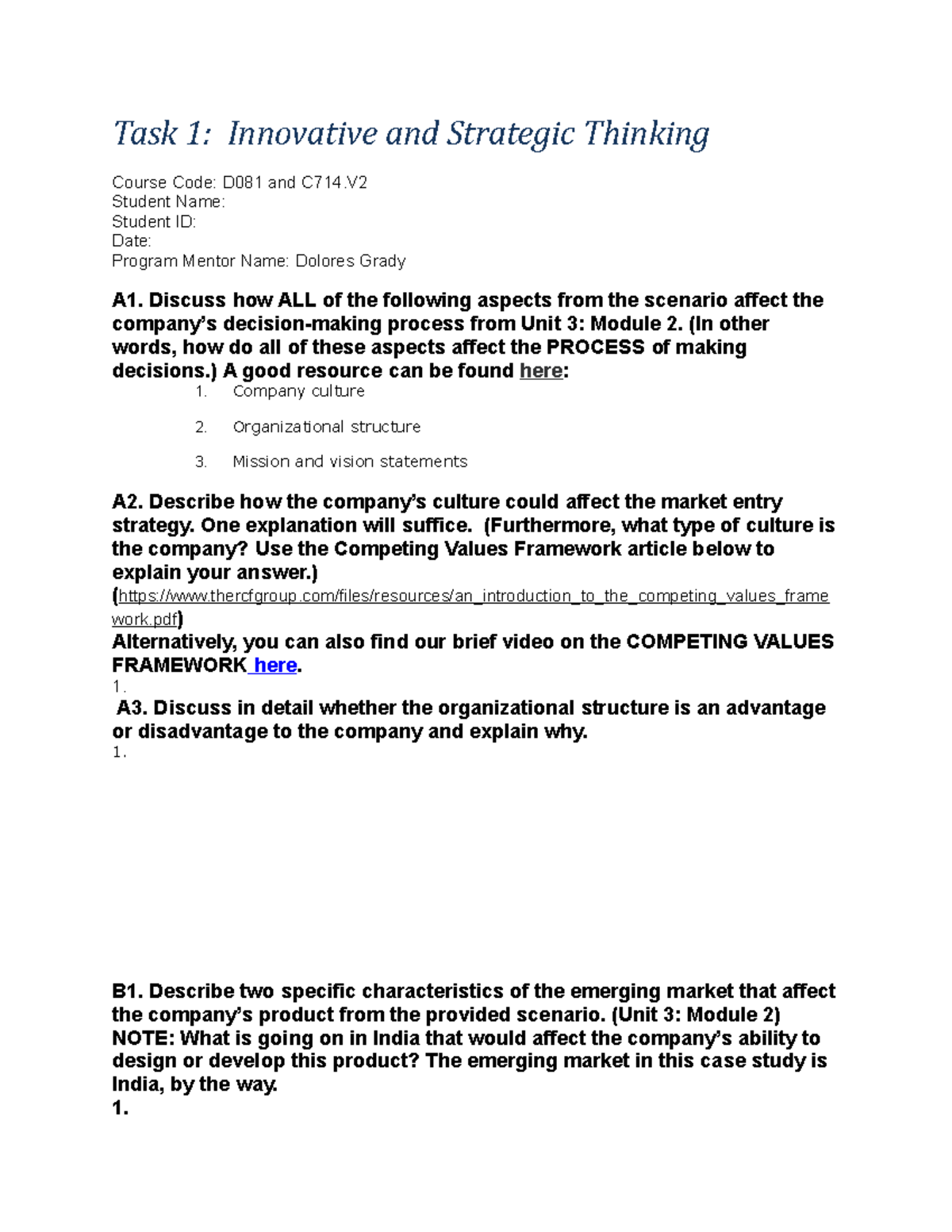 D081 & C714.V: Innovative & Strategic Thinking Task 1 Template - Studocu