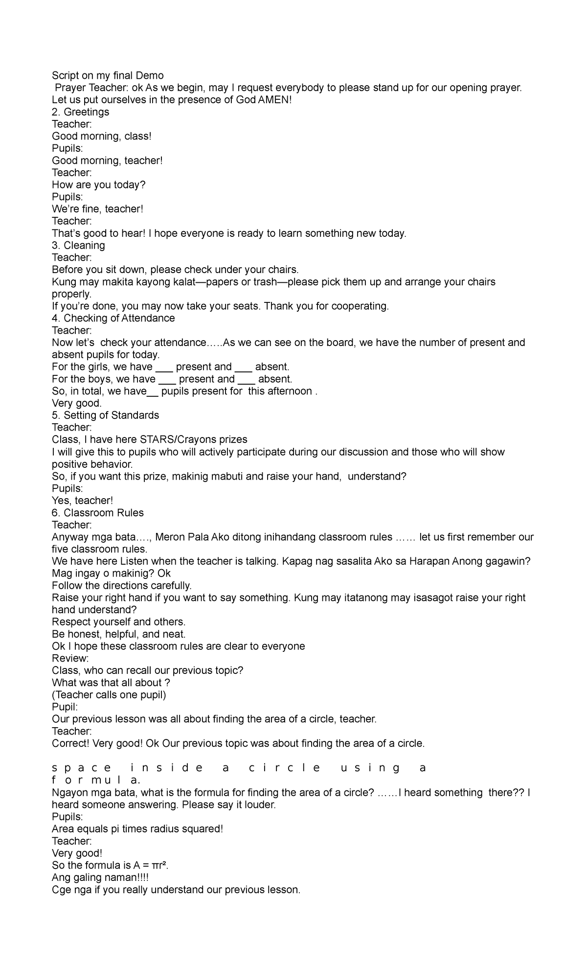 Final Demo Prayer Script for Teacher Training (EDU 101) - Studocu