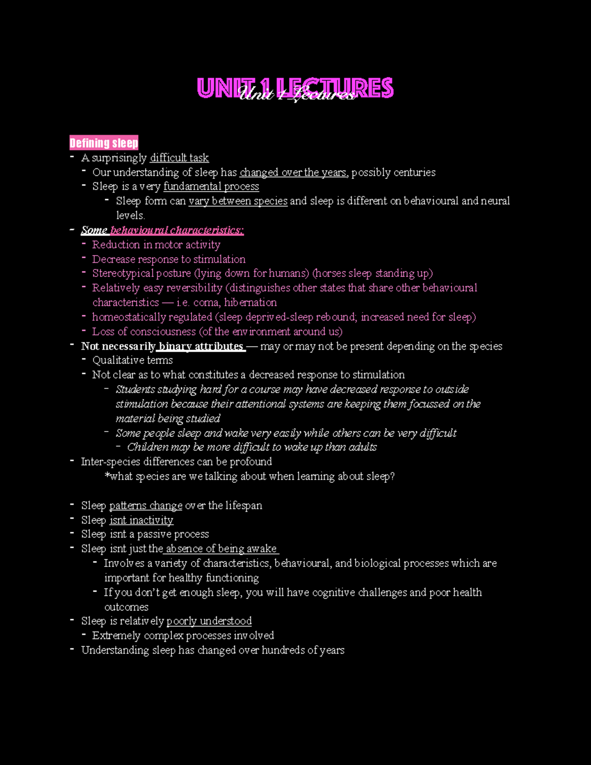 Sleep Psychology Lecture Notes - Unit 1 Lectures Defining sleep - A ...