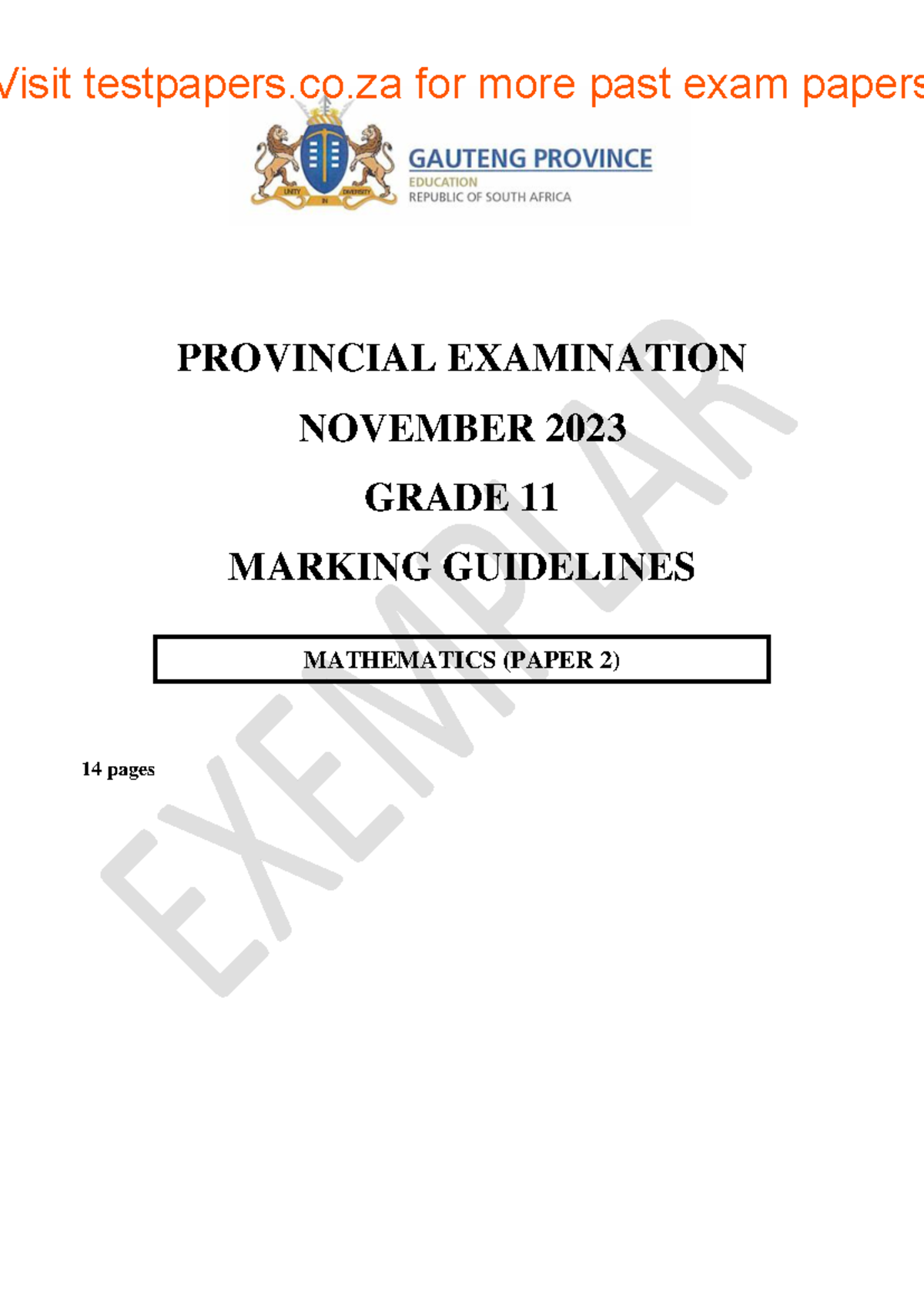 Grade 11 Math P2 (2023) - Possible Answers & Marking Guidelines - Studocu