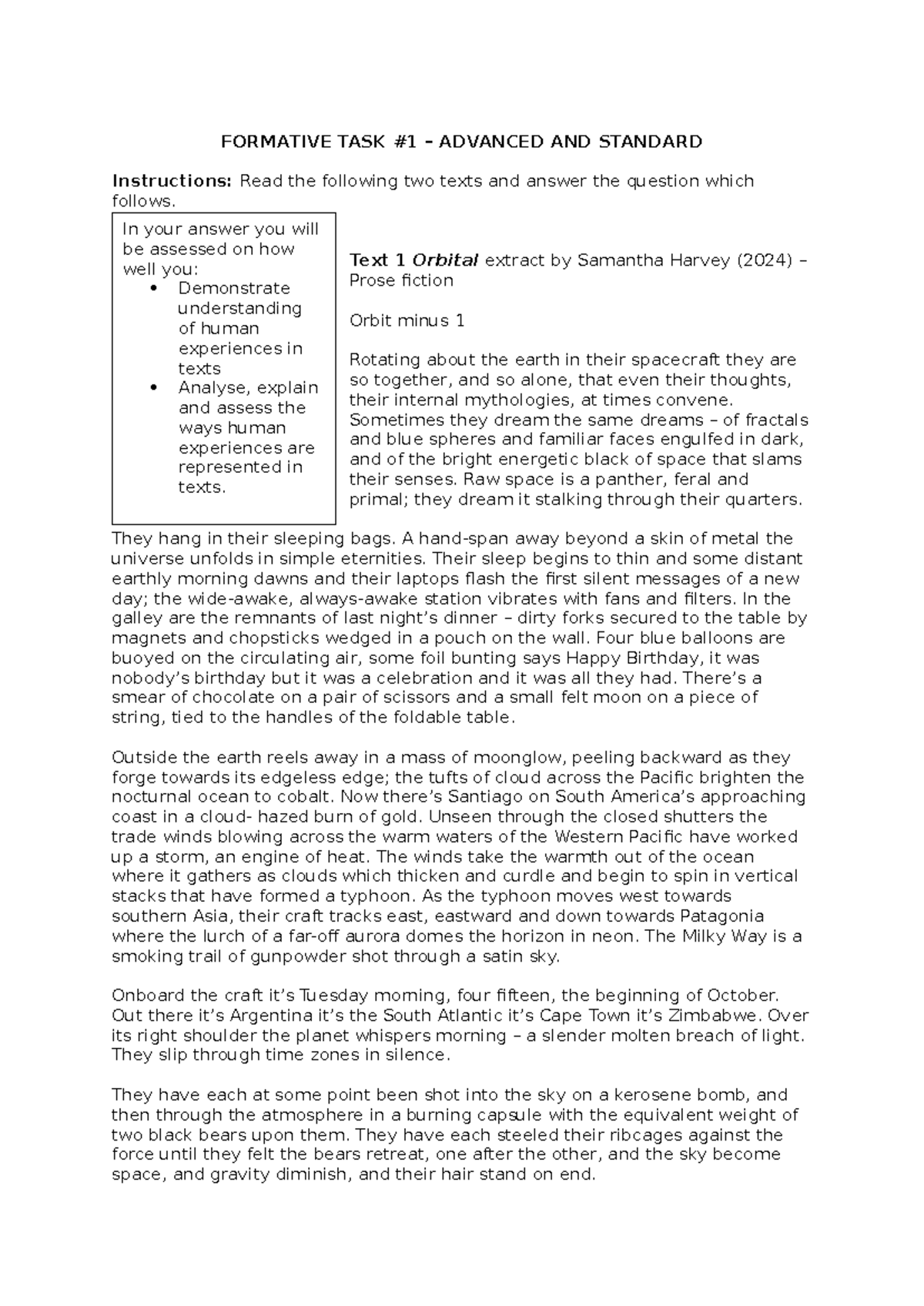 Formative Task #1 - Poems - FORMATIVE TASK #1 – ADVANCED AND STANDARD ...