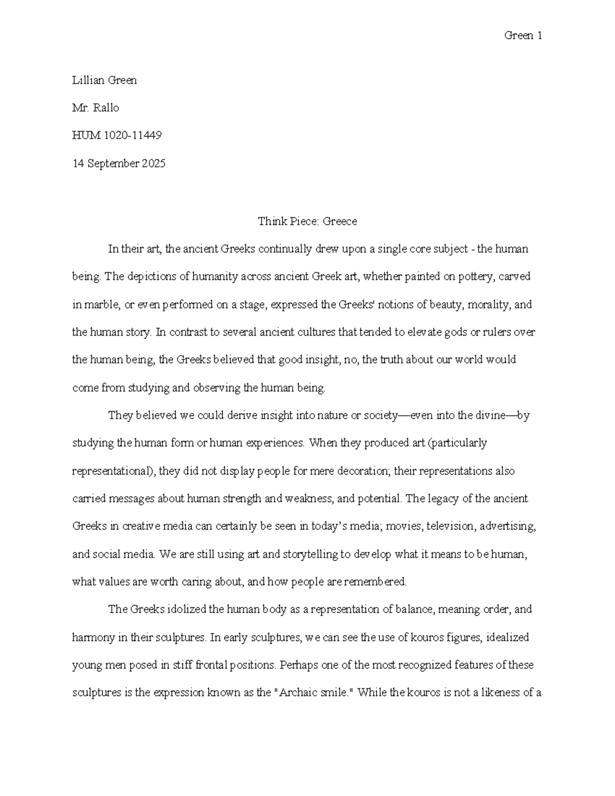 HUM 14 Think Piece: The Human Experience in Ancient Greek Art - Studocu