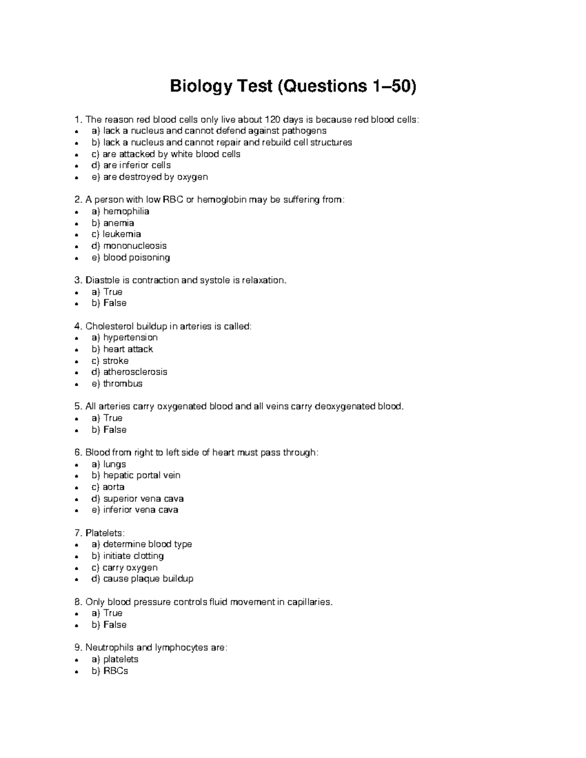 Biology Test: RBCs, Blood Pressure, and Heart Function - Studocu