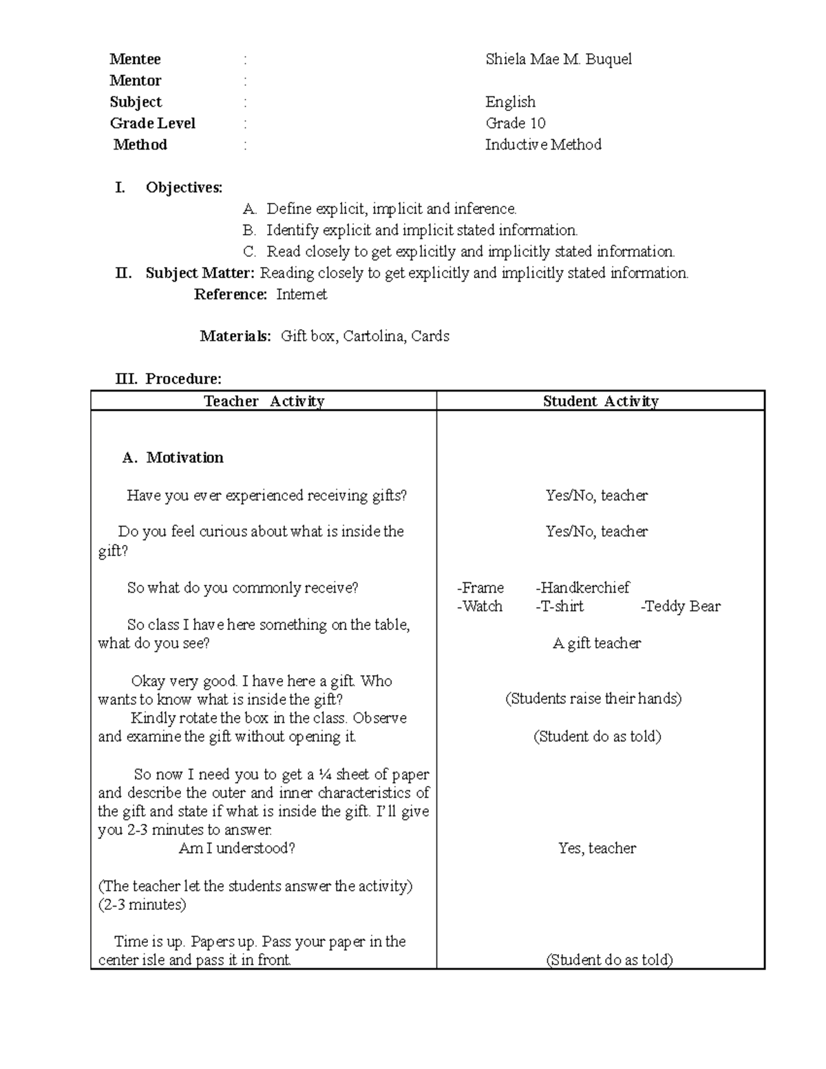 Lesson Plan: Inductive Method for Grade 10 English - Studocu