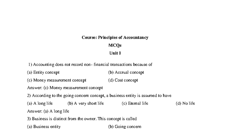 Principles of Accountancy MCQs Unit I & IV Review - Studocu