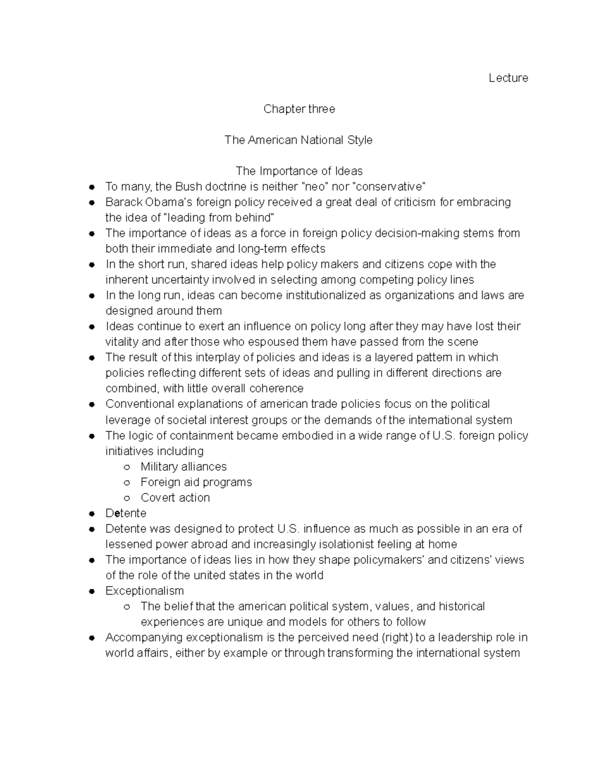 Lecture Notes: American National Style in Foreign Policy (Chapter 3 ...