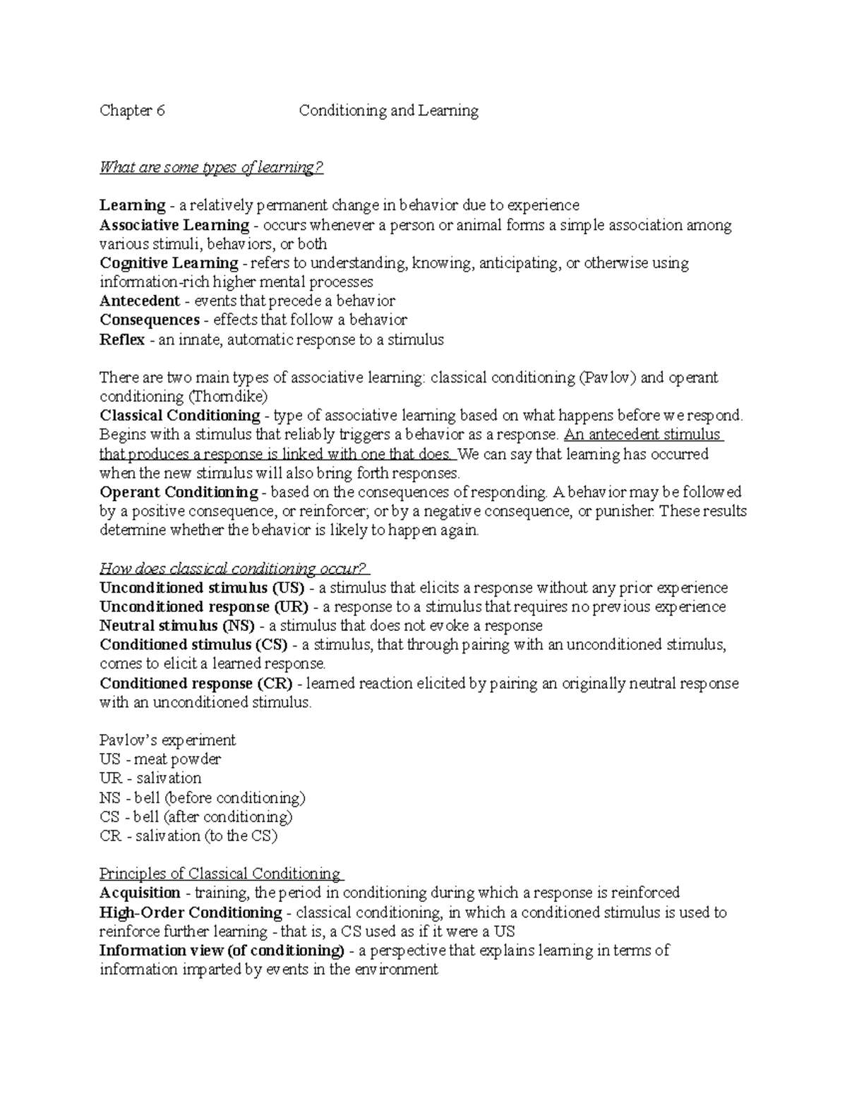 Ch 6 - Conditioning & Learning: Types, Principles, & Cognition - Studocu