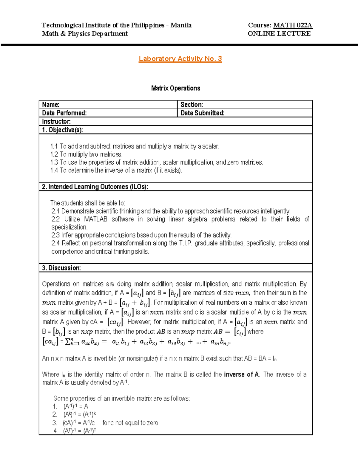 Activity 3 Matrix Operations - Math & Physics Department ONLINE LECTURE ...