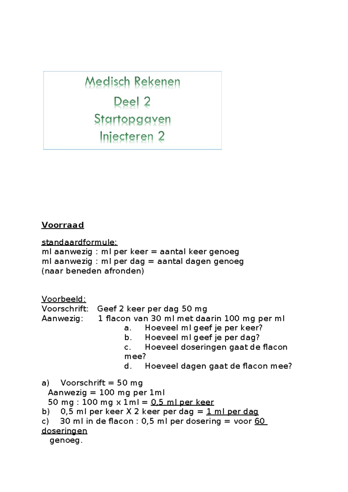 Medisch Rekenen Deel 2: Startopgaven Injecteren en Dosering Calculaties ...