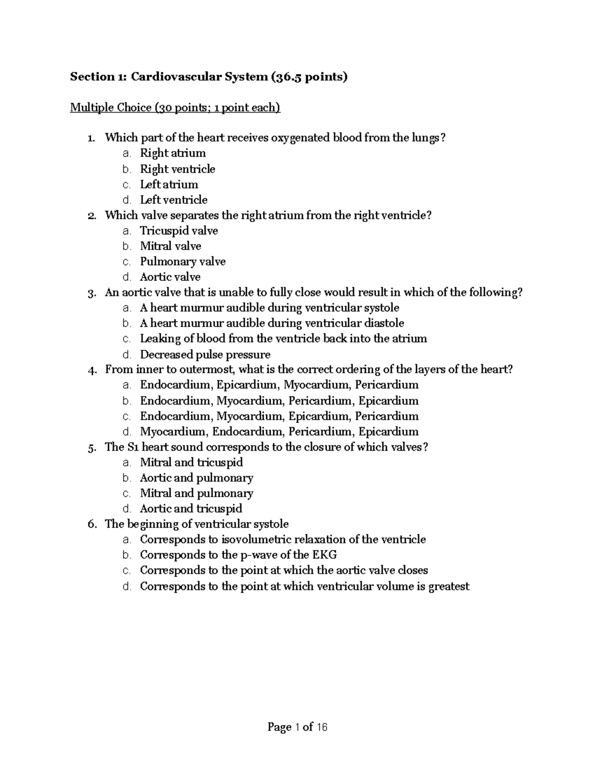 Anatomy - Practice questions - Section 1: Cardiovascular System (36 ...