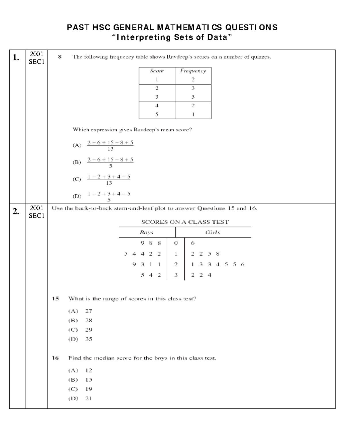 HSC General Mathematics Past Questions on Data Interpretation - Studocu