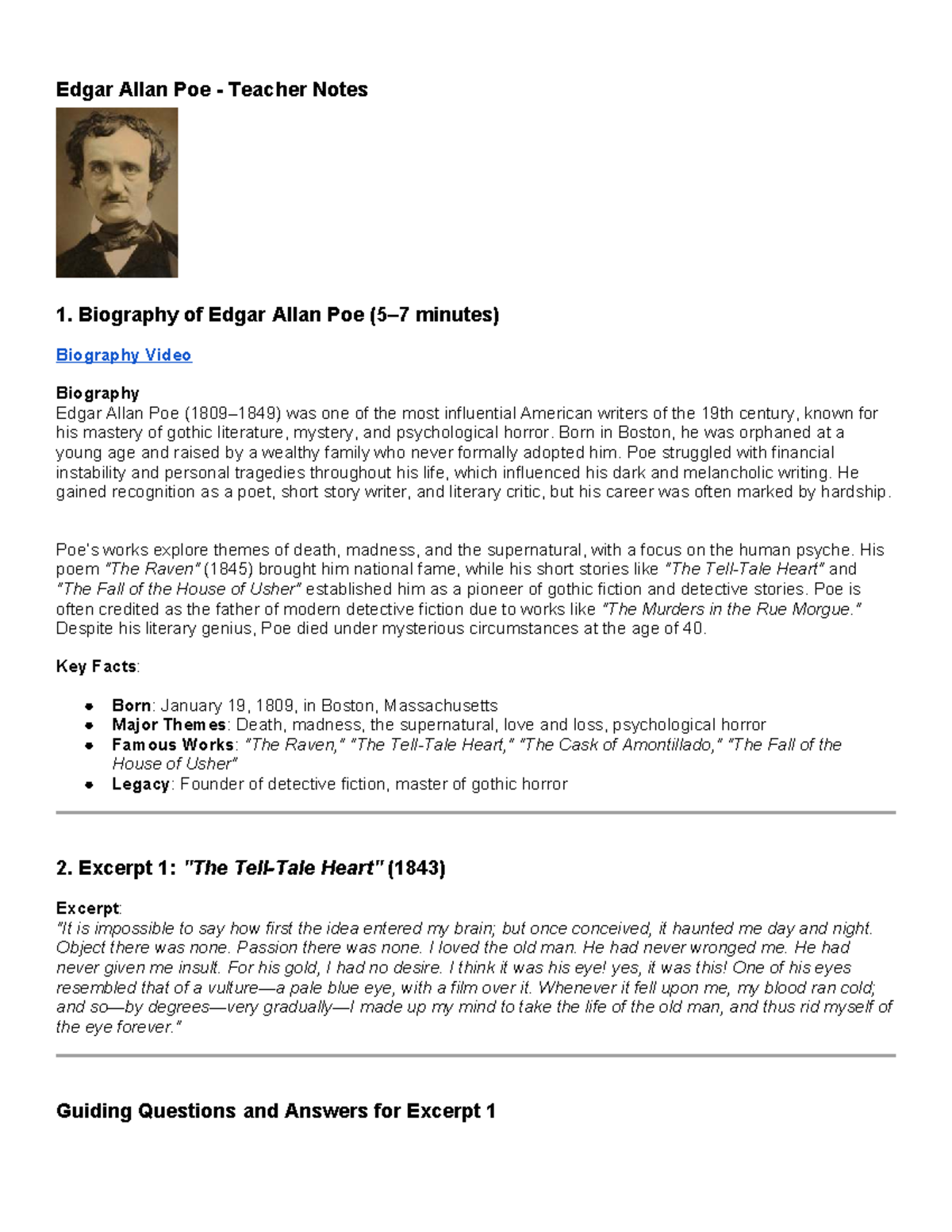 Edgar Allan Poe Teacher Notes: Biography & Key Themes - Studocu