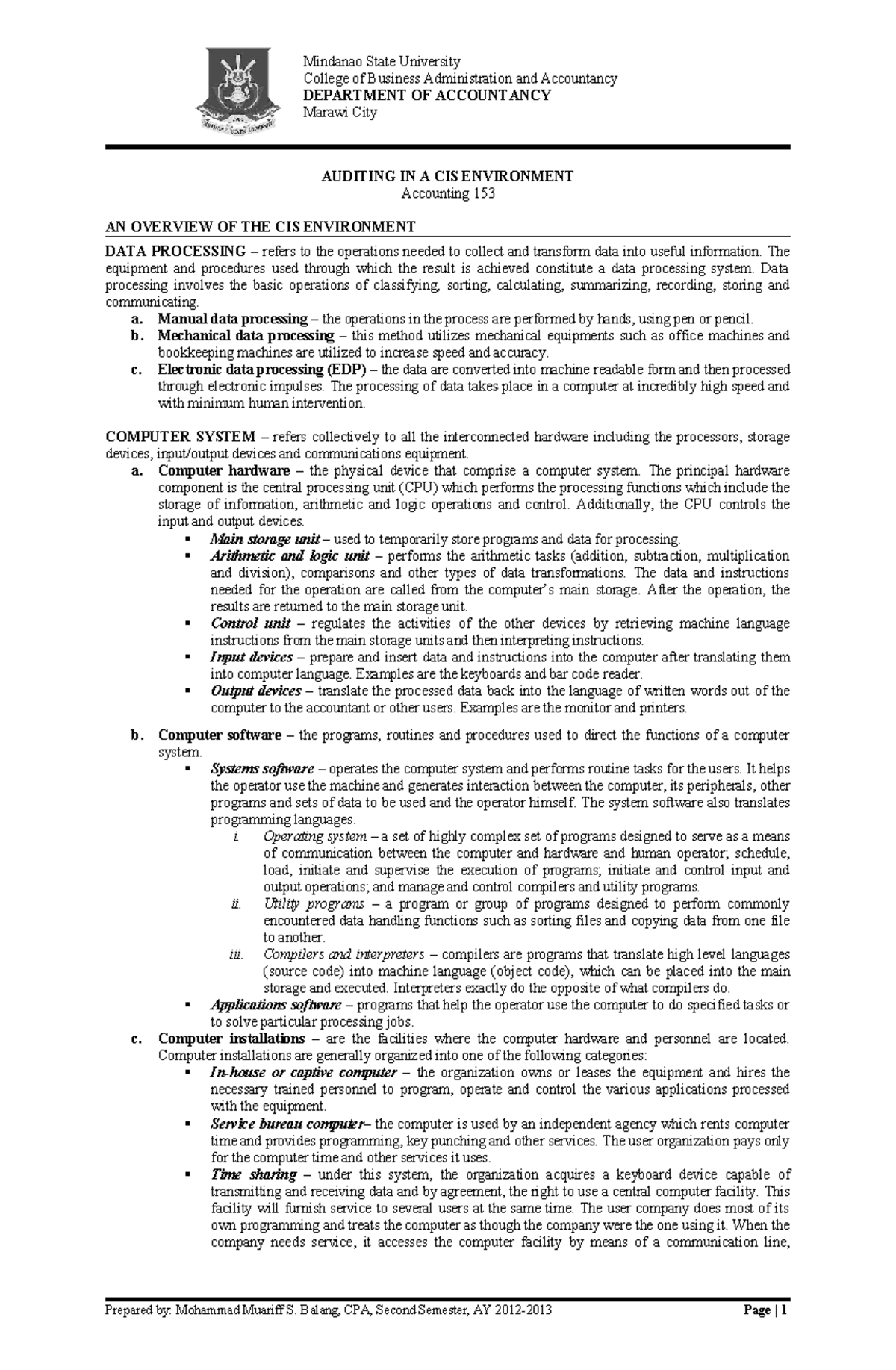CIS 153: Overview of Auditing in a Computerized Environment - Studocu