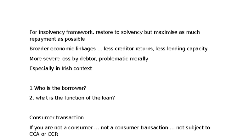 Regulation of Consumer Credit: Insolvency Framework Analysis - Studocu